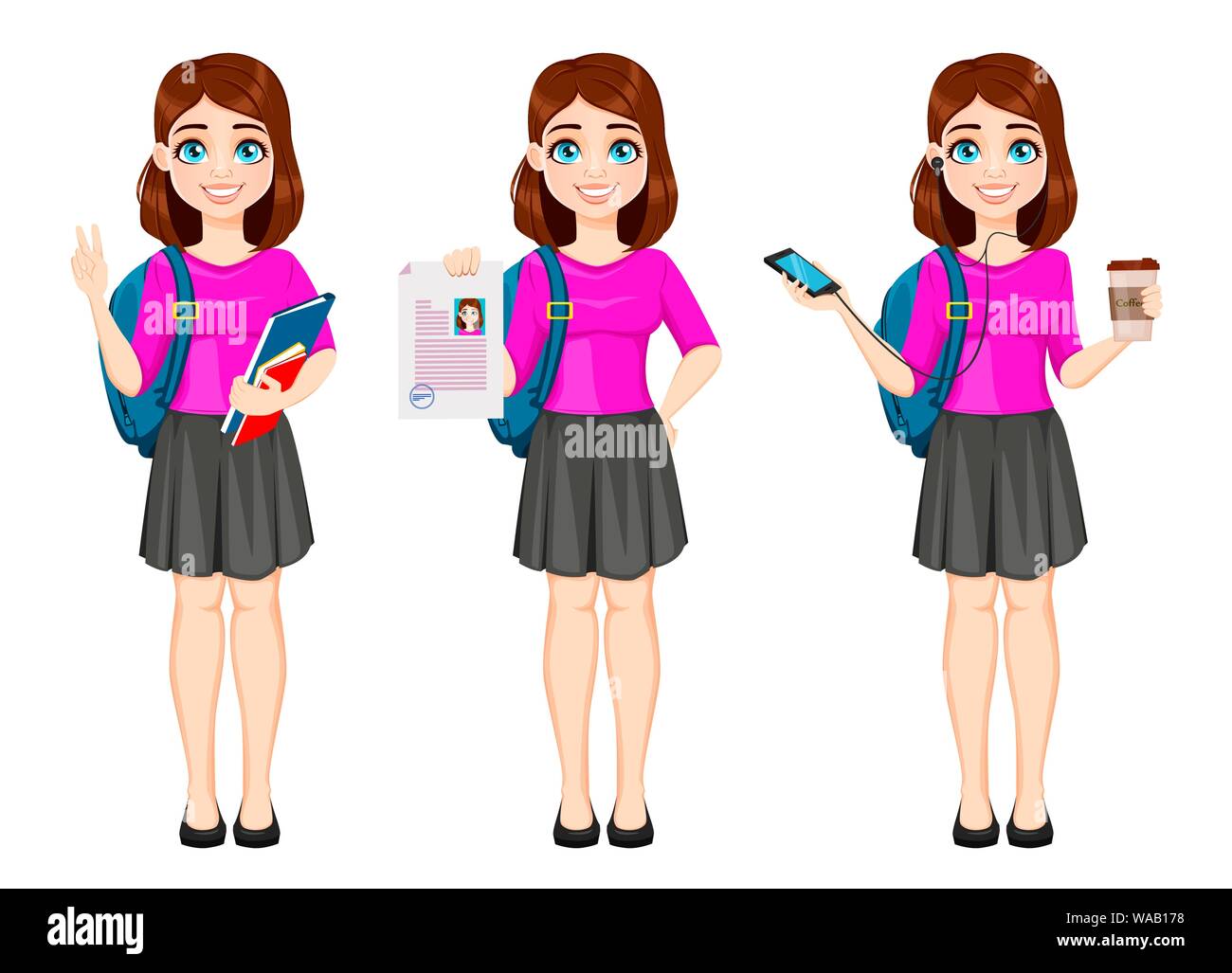 Back to school. Beautiful lady student, set of three poses. Pretty lady ...