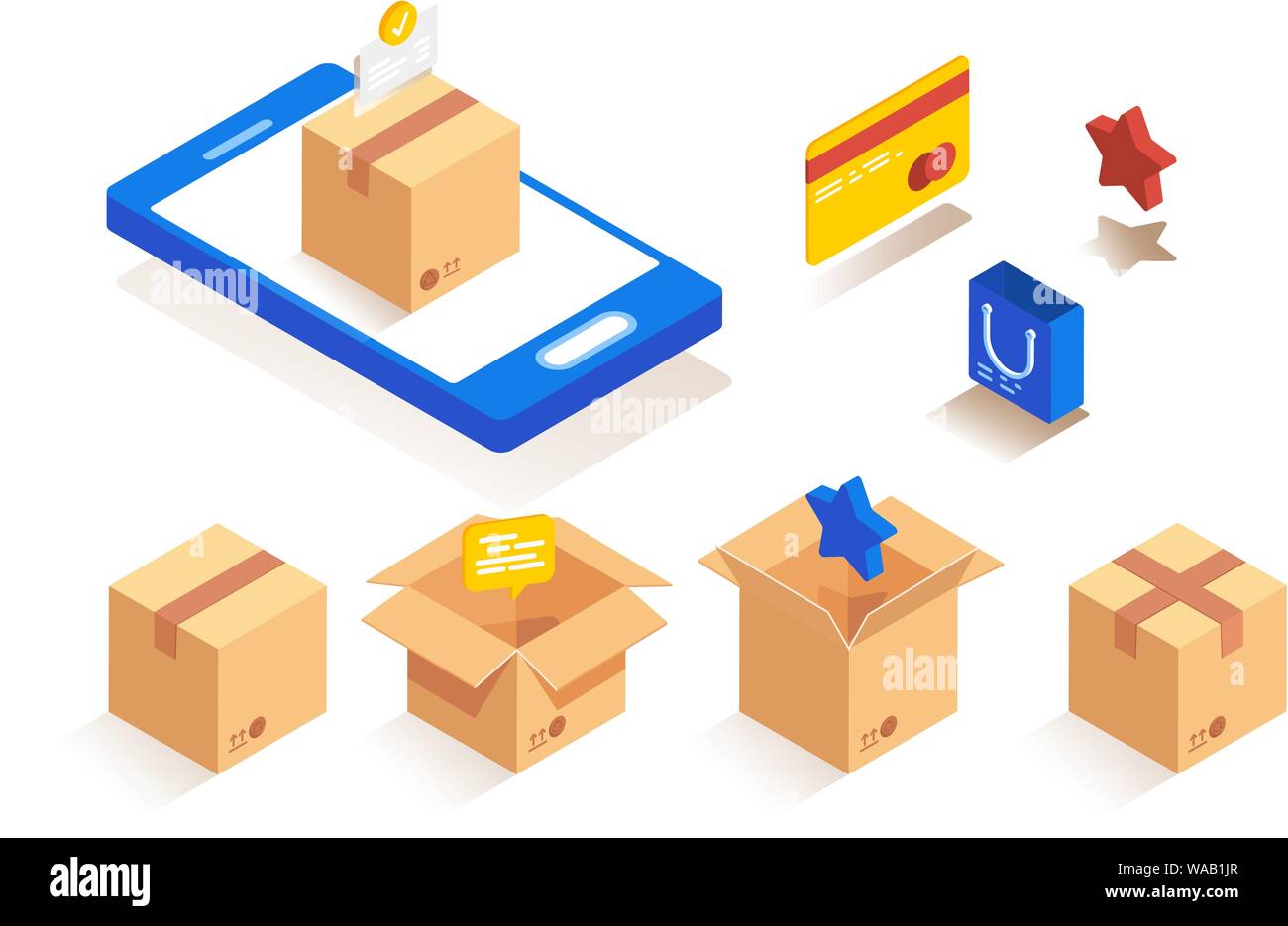 Isometric packaging paper boxes set for packaging of goods. Parcel delivery stages set Stock ...