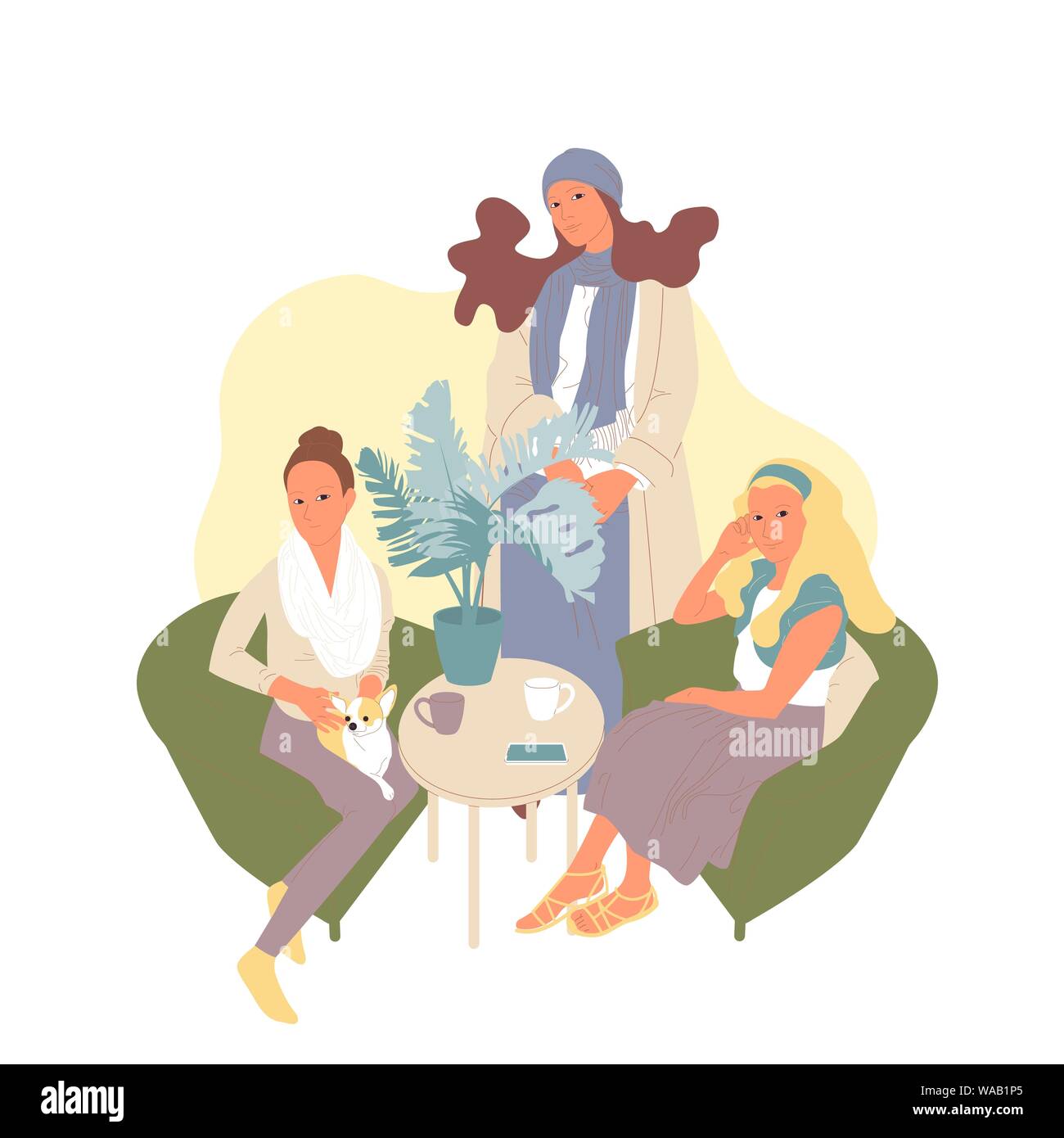 Three girls spend time together in cafe, having conversation, meeting ...