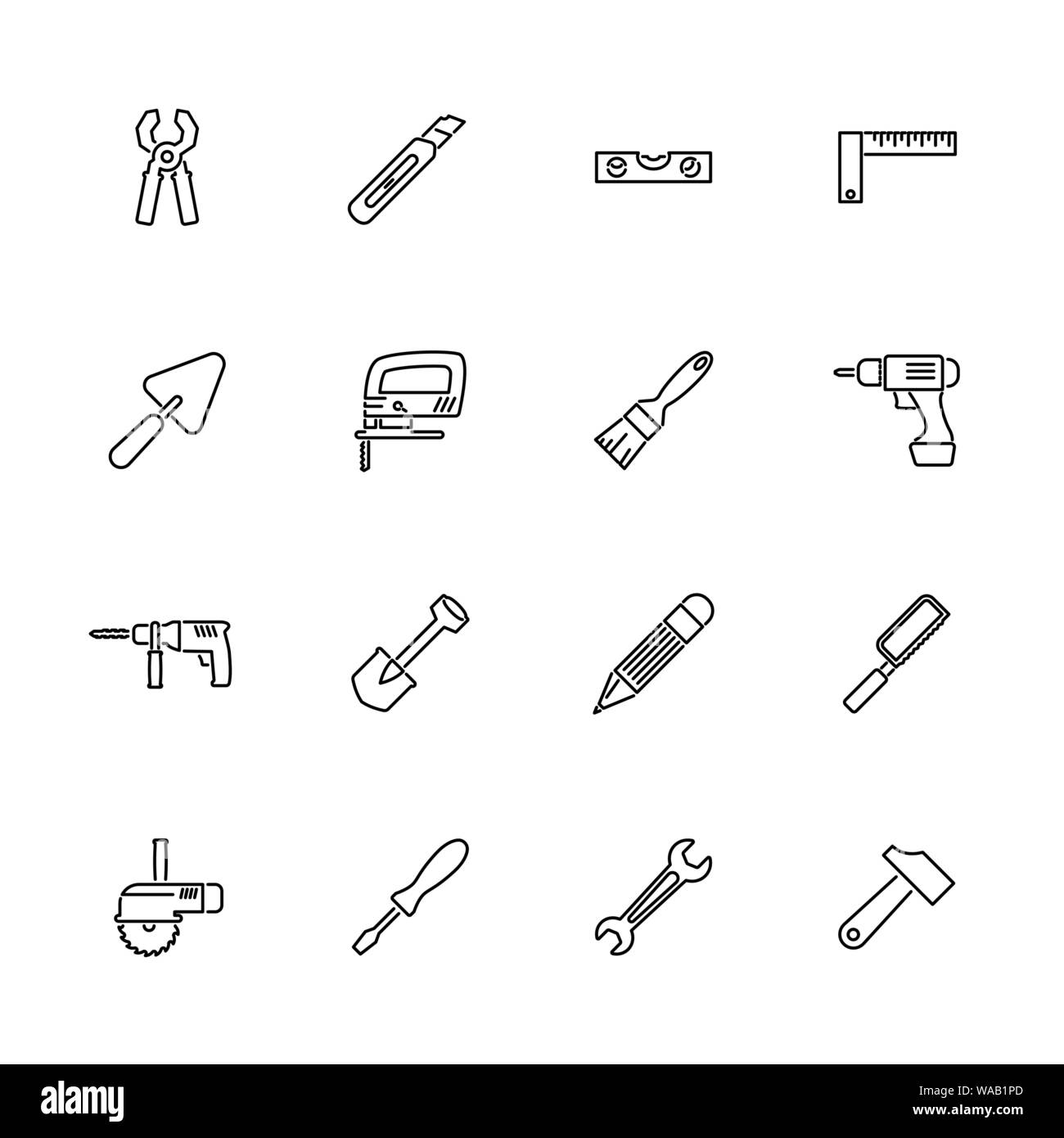 Tools, Building Tool outline icons set - Black symbol on white ...