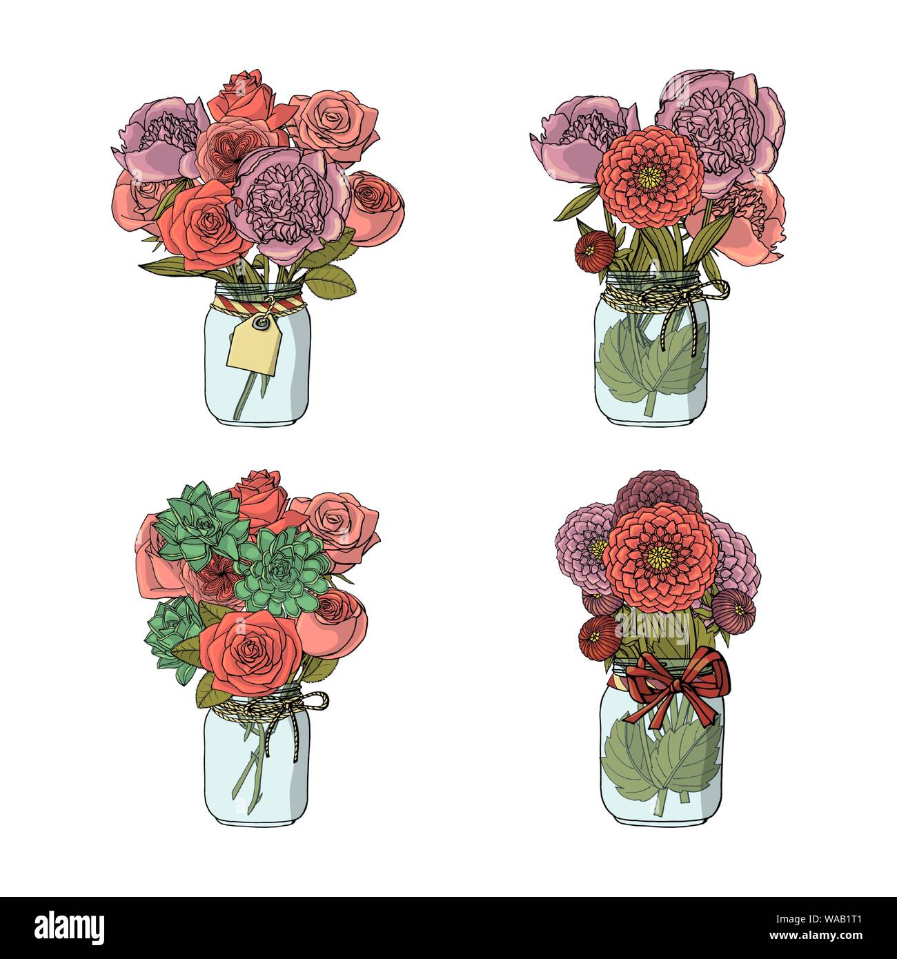 Hand drawn doodle style bouquets of different flowers, succulent,peony ...