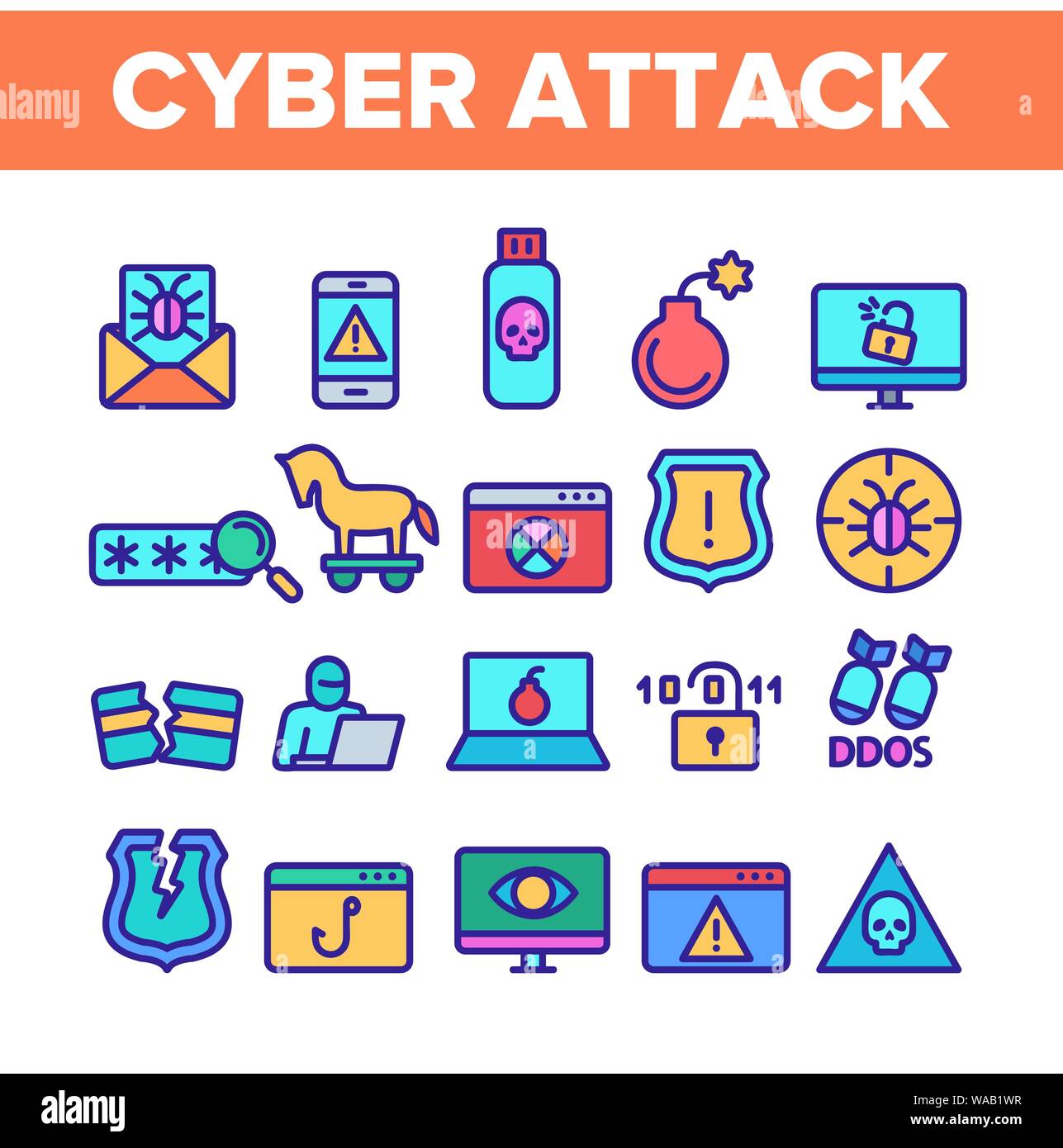 Color Cyber Attack Elements Icons Set Vector Stock Vector Image & Art ...
