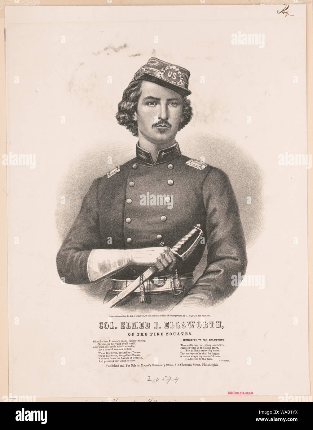 Col. Elmer E. Ellsworth, of the fire Zouaves. [followed by] memorial to ...