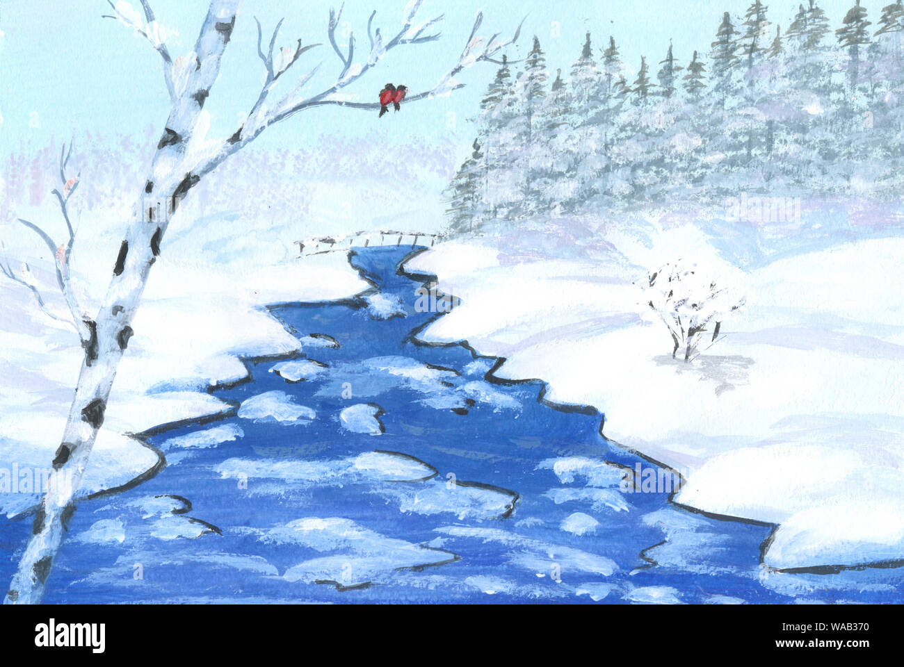 Colorful vivid hand drawn watercolour drawing on paper card. Quiet ...