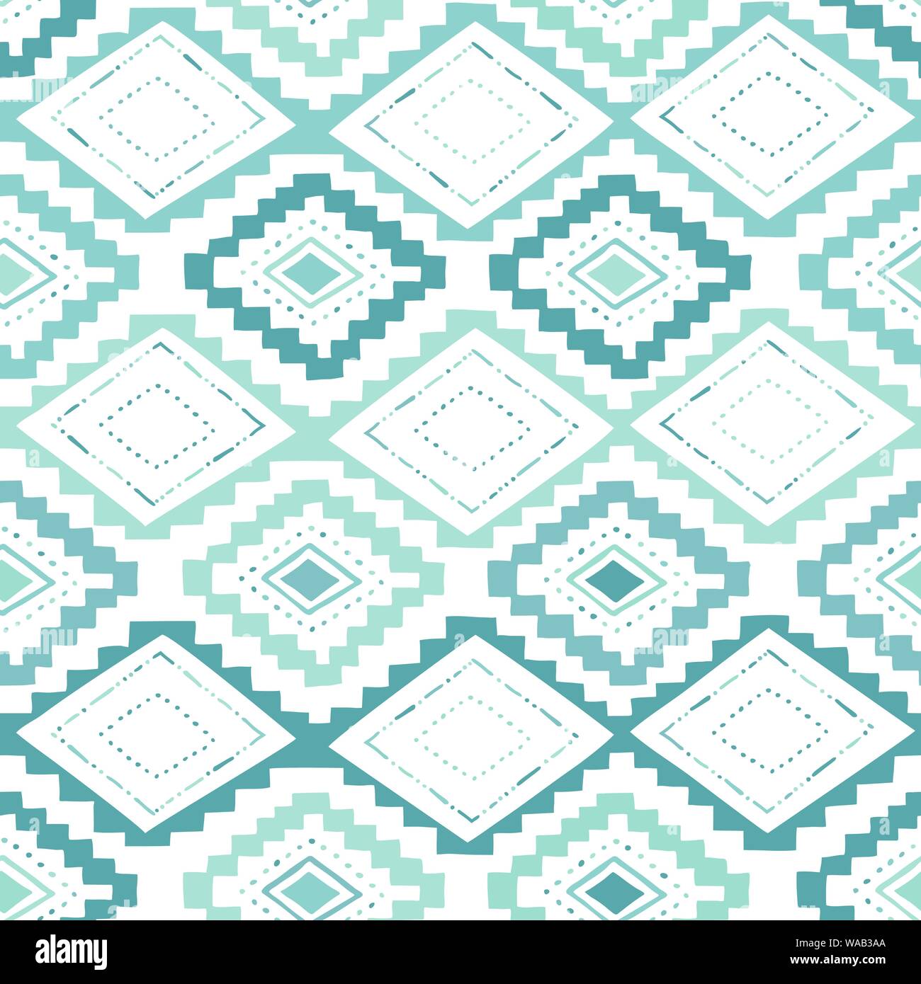 Monochrome Aqua Hand Drawn Tribal African Diamonds and Stripes Vector ...