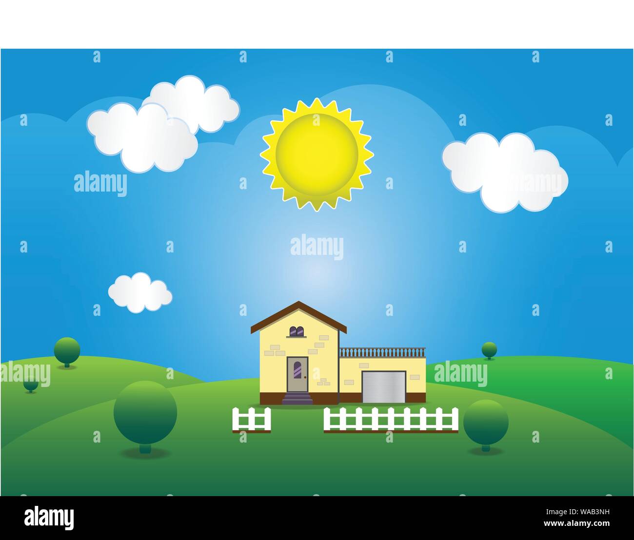 Flat classical house with fence and bushes and sky nature in mountian ...