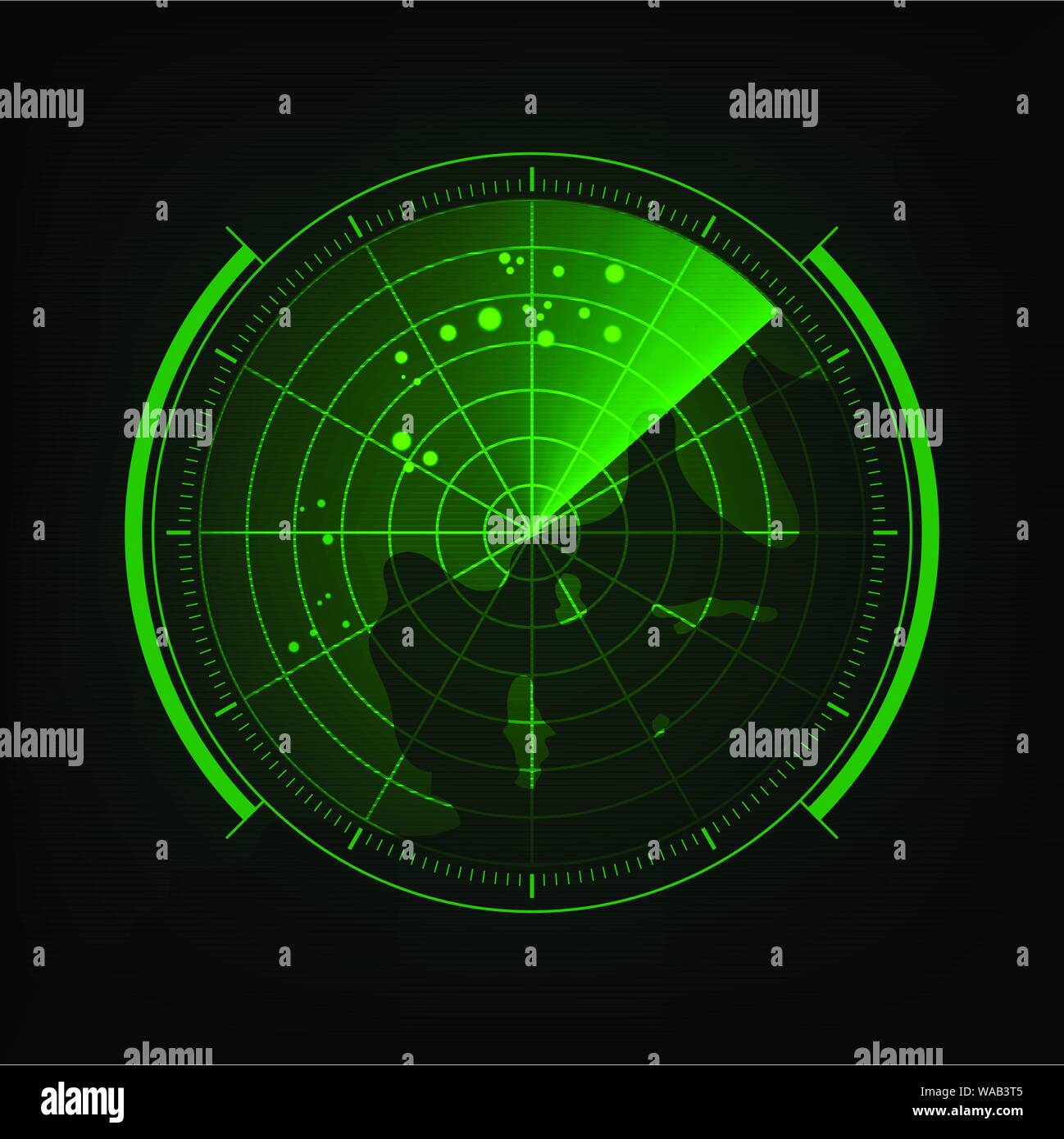 Radar screen with futuristic user interface and digital world map ...