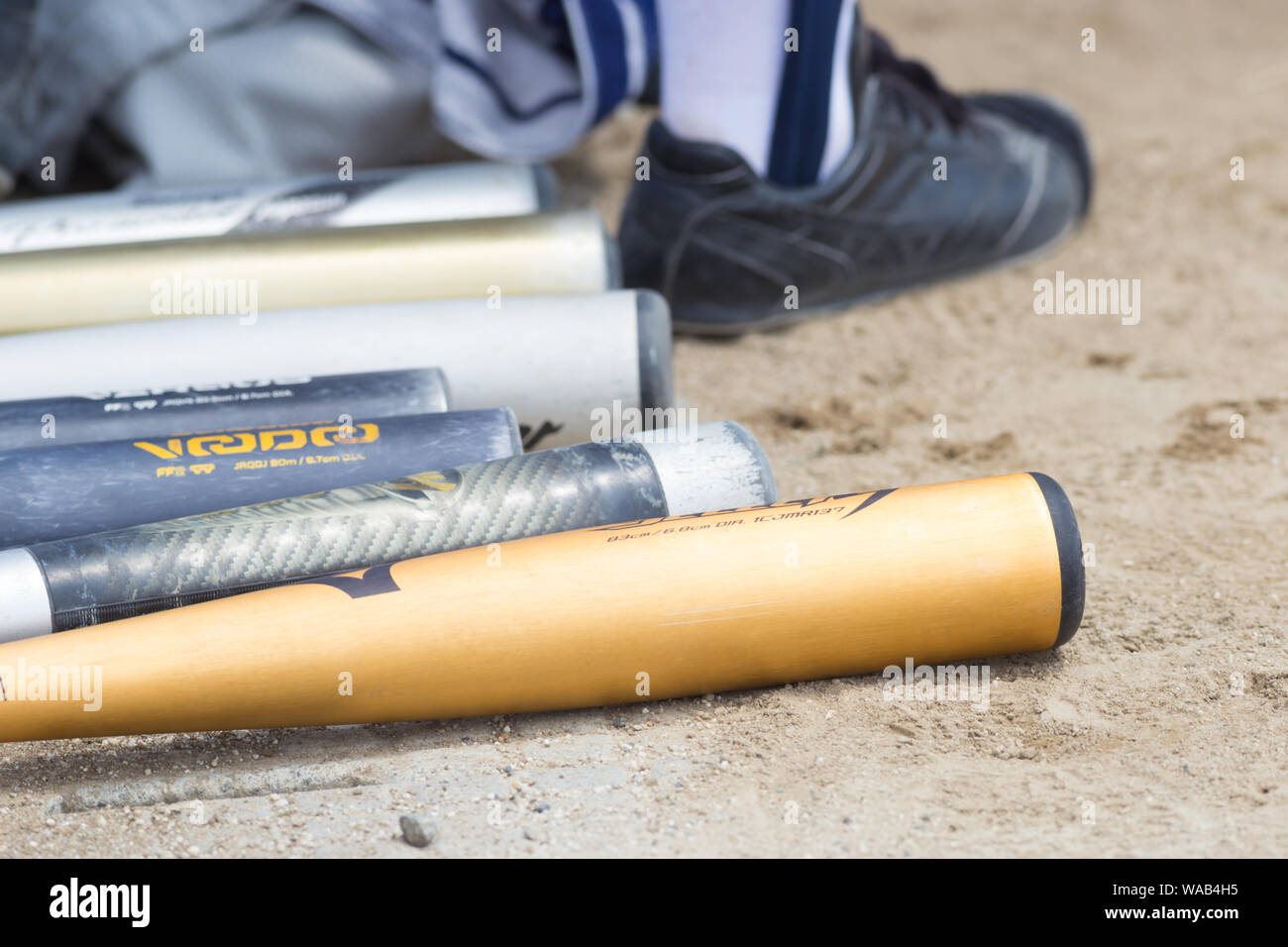 tokyo, japan, 08/18/2019 , Baseball bats alligned and ready to be used ...