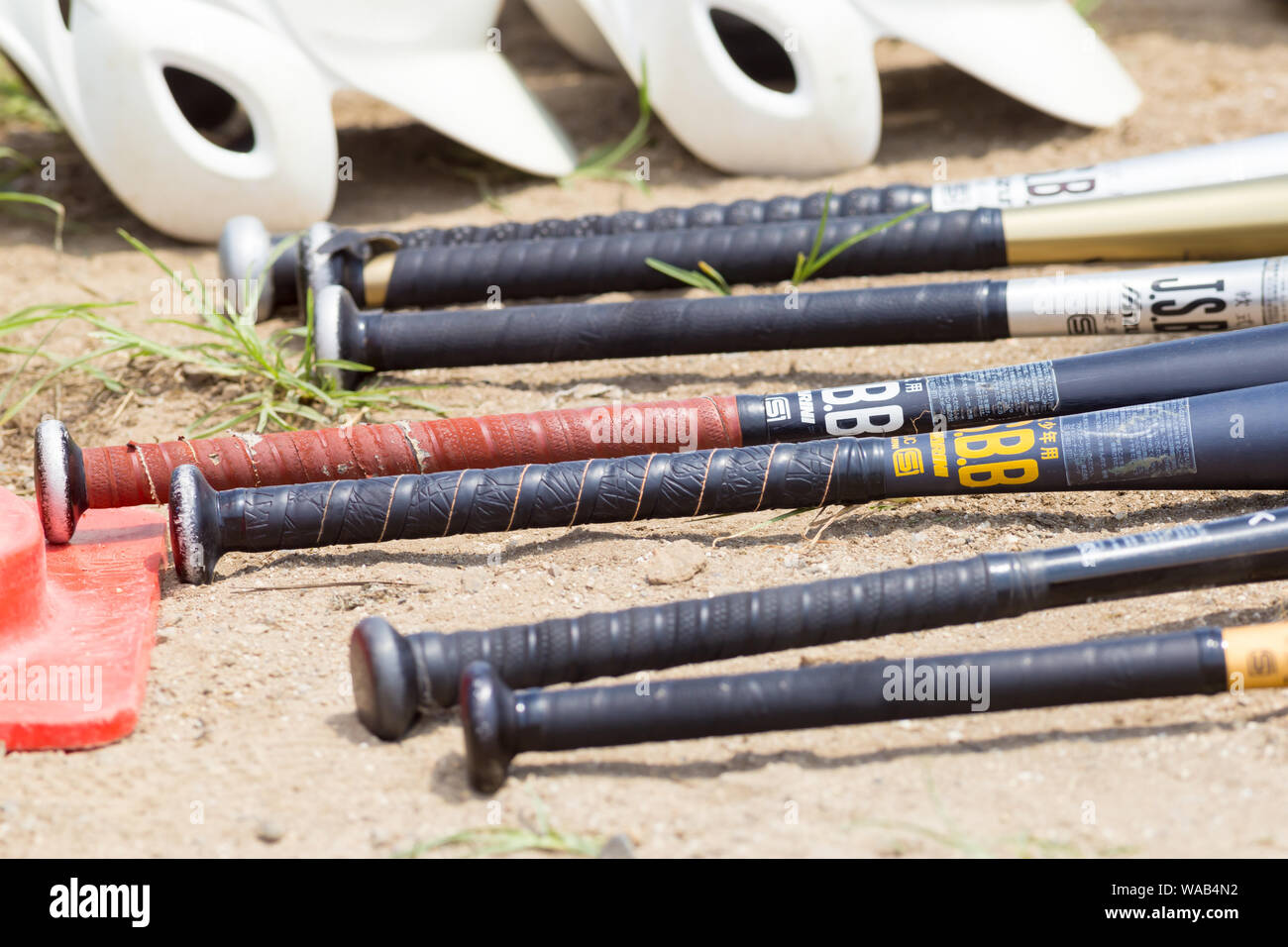 tokyo, japan, 08/18/2019 , Baseball bats alligned and ready to be used ...