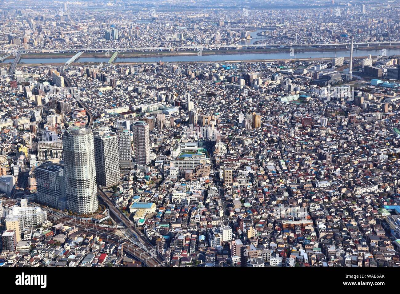 Tokyo cityscape - aerial city view with Sumida ward. Mukojima and ...