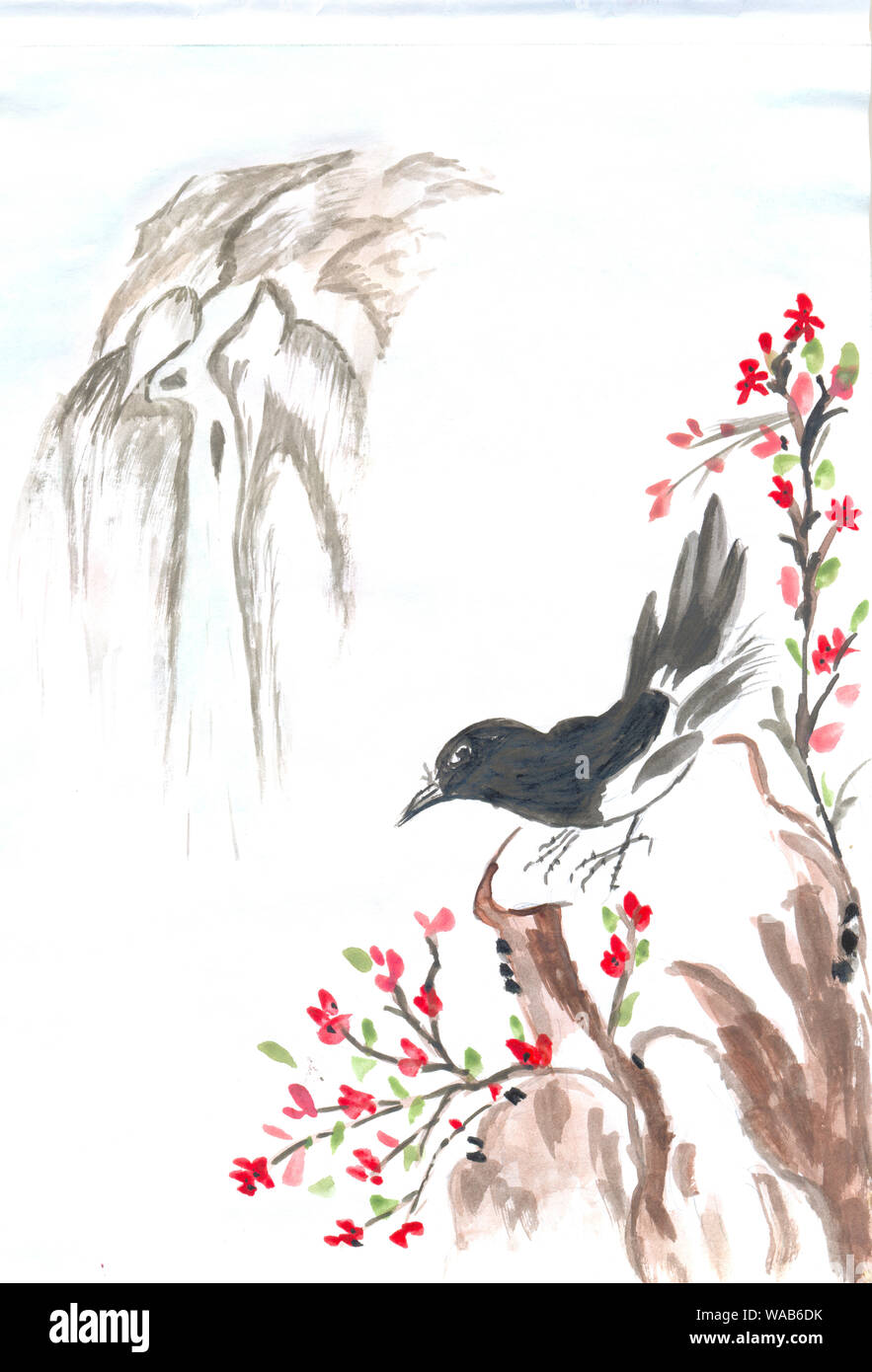 Chinese-style drawings, sketches. Magpie on a tree Stock Photo - Alamy