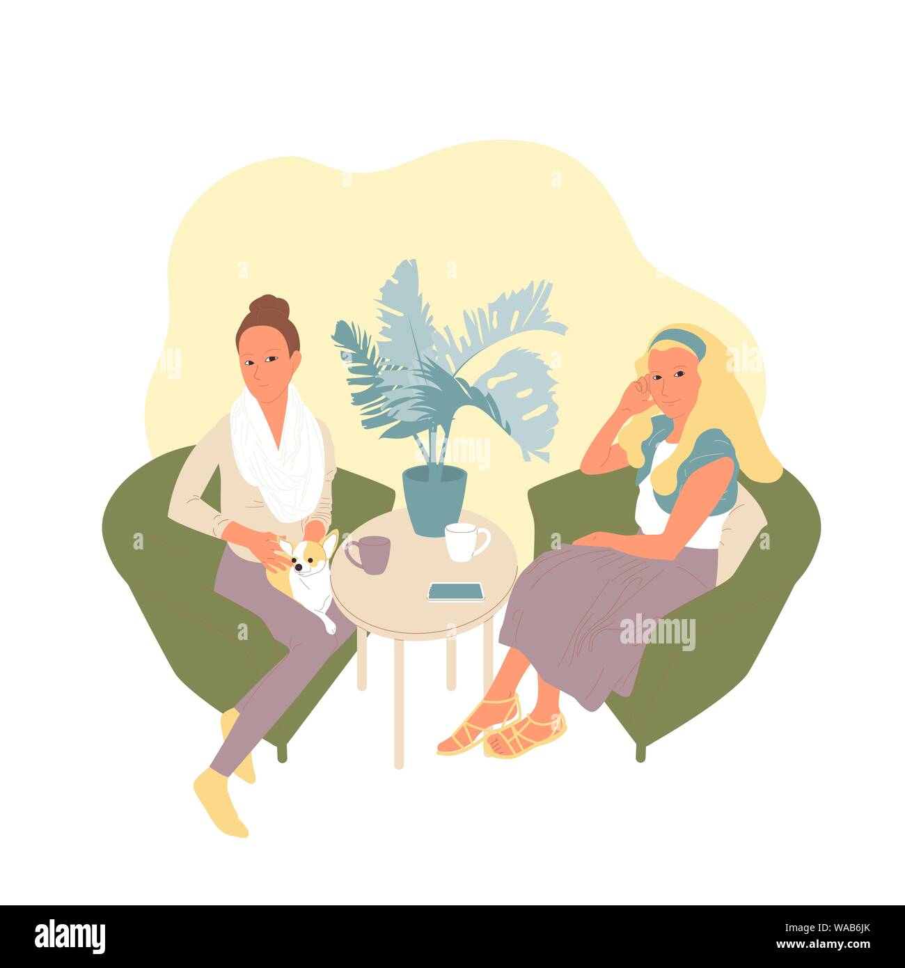 Two girls spend time together in cafe, having conversation, meeting of ...