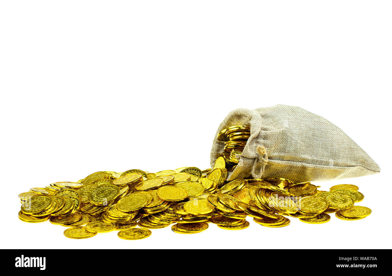 Stacking gold coin in treasure sack on white background Stock Photo - Alamy