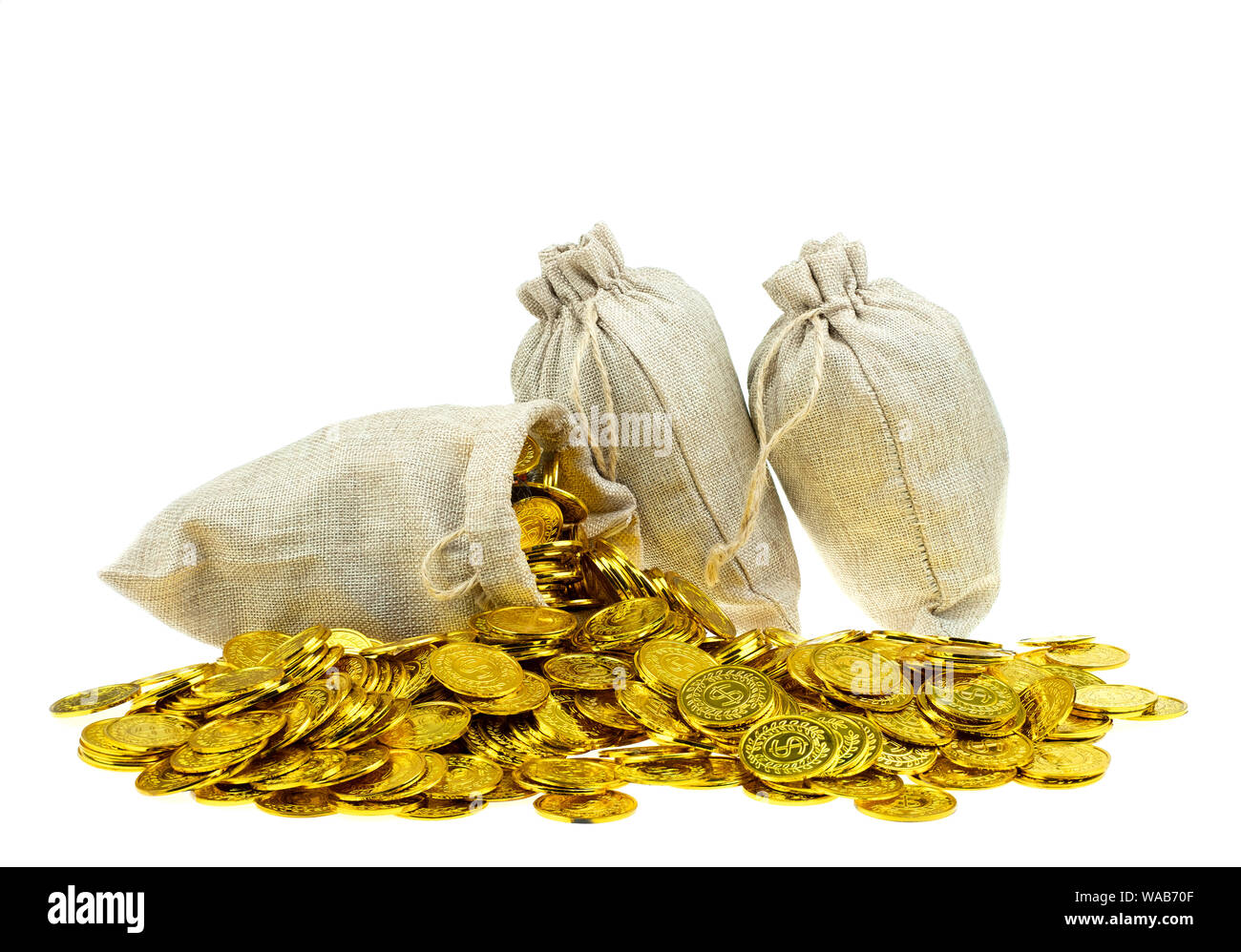 Stacking gold coin in treasure sack on white background Stock Photo - Alamy