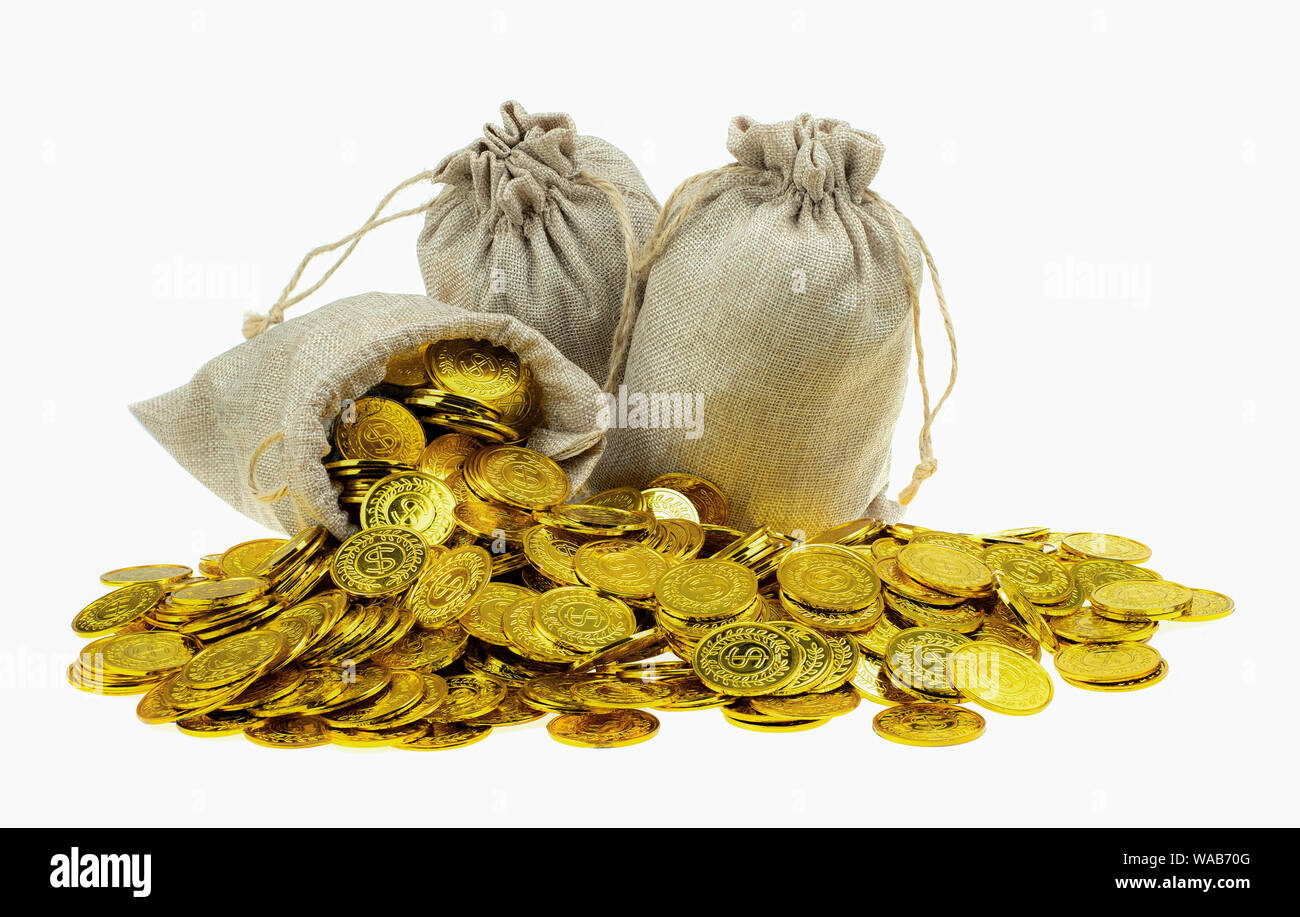 Stacking gold coin in treasure sack on white background Stock Photo - Alamy