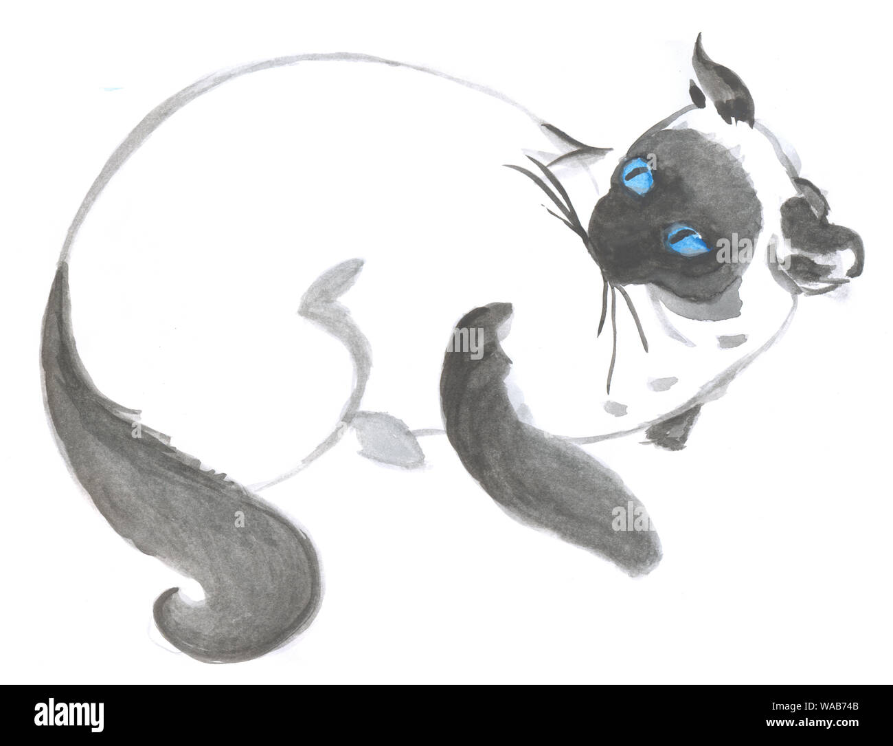 Playful cat drawing handmade with brush. Original art, watercolor ...