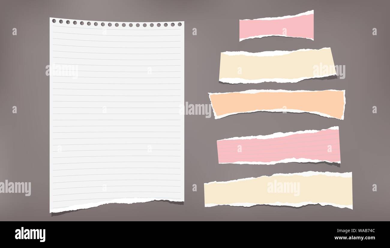 Set of torn white lined and colorful note, notebook strips, paper ...