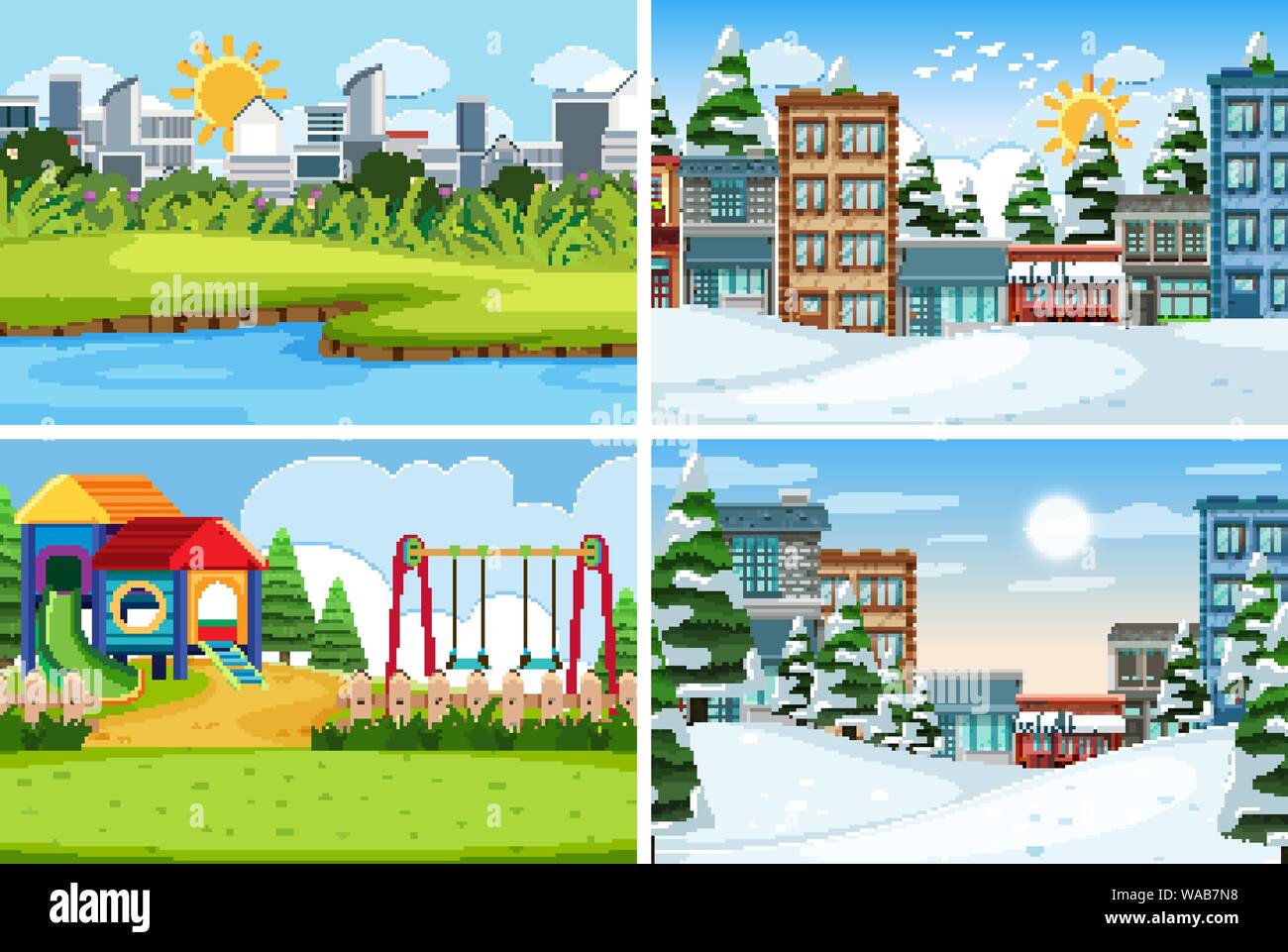 A set of outdoor scene including building illustration Stock Vector ...