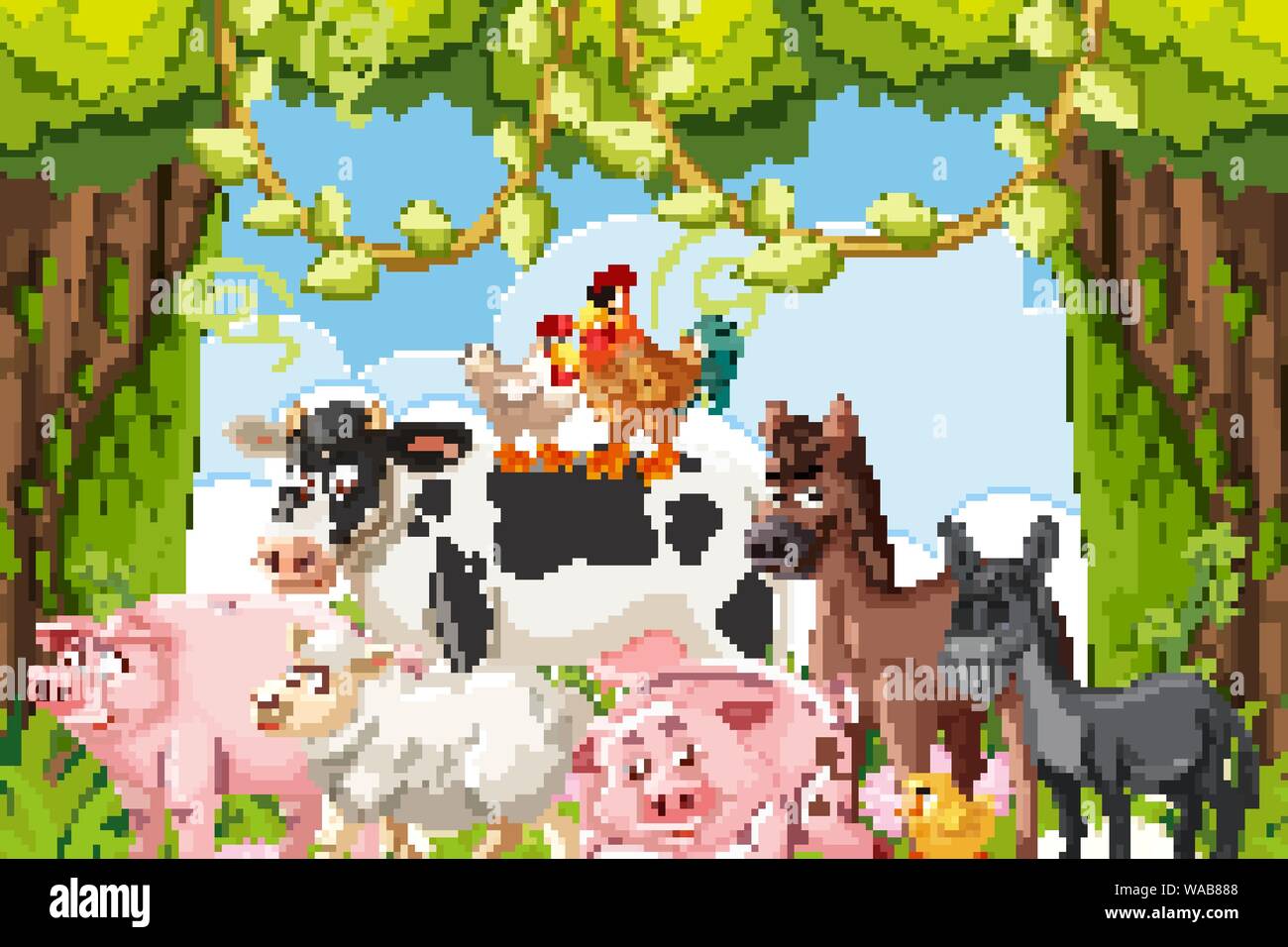 Cute farm animals in jungle scene illustration Stock Vector Image & Art ...