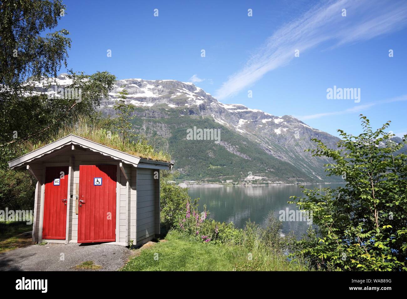 Tourist restroom at a rest area next to a fiord in Norway ...