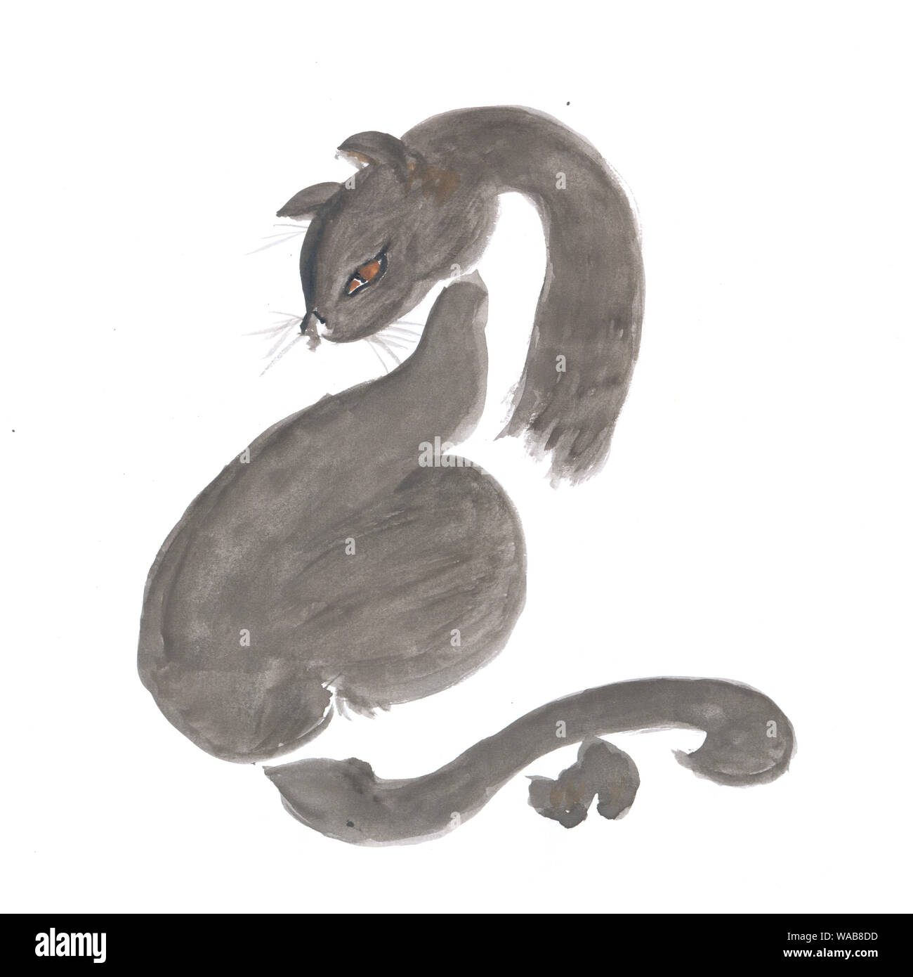 Sitting cat drawing handmade with brush. Original art, watercolor ...