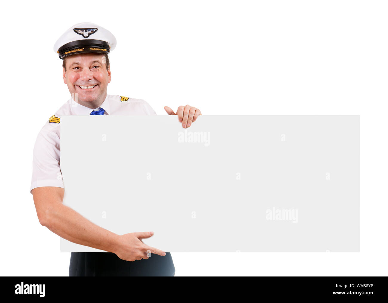 A smiling pilot hold empty board, isolated on white background. Captain ...