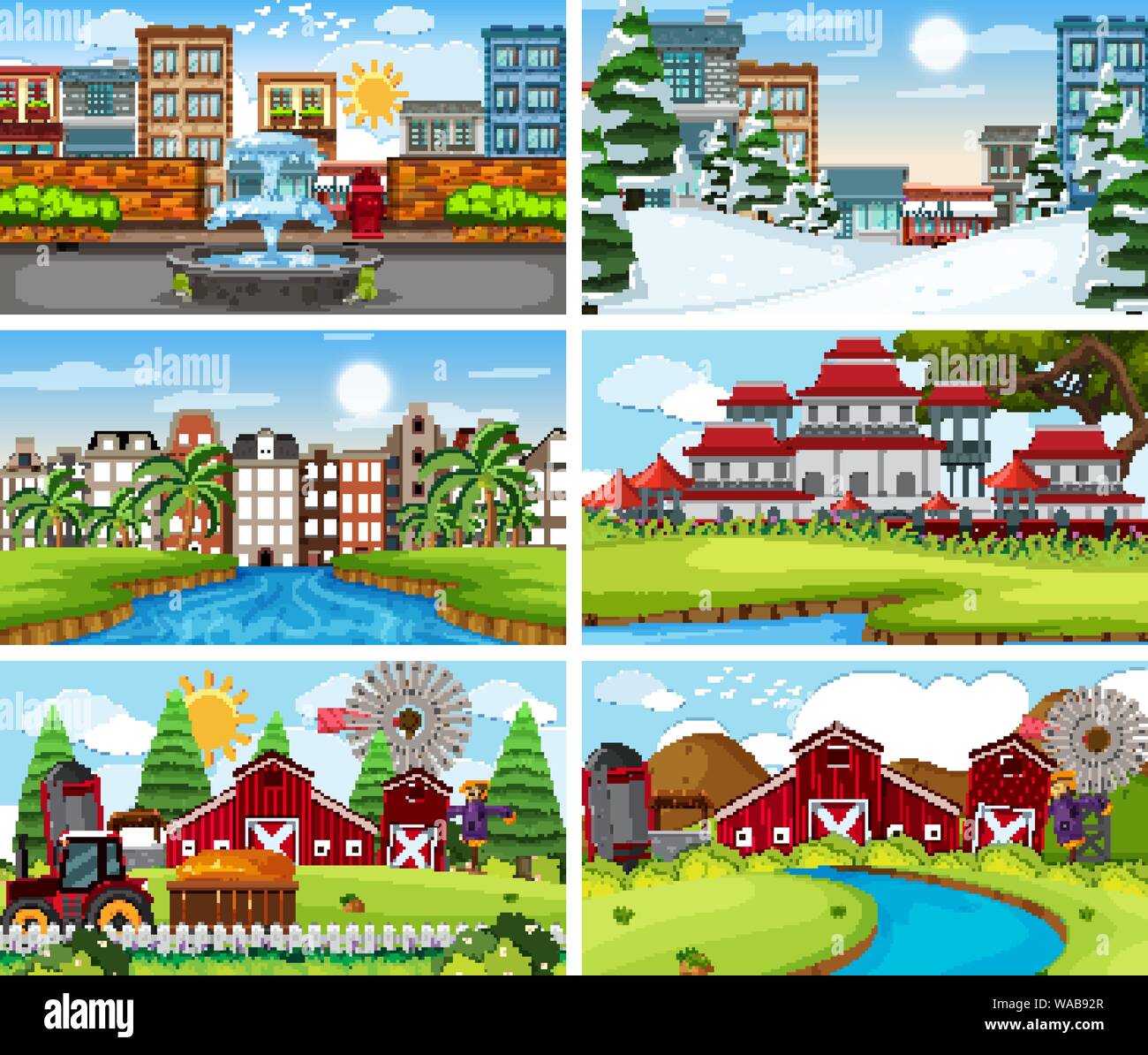 A set of outdoor scene including building illustration Stock Vector ...