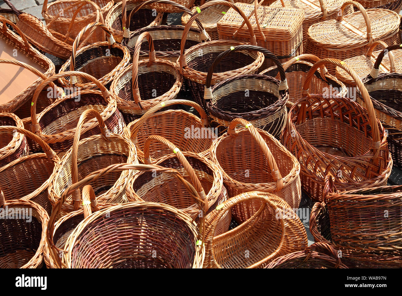 Outdoor market stall with wicker baskets. Handicraft in Poland Stock ...