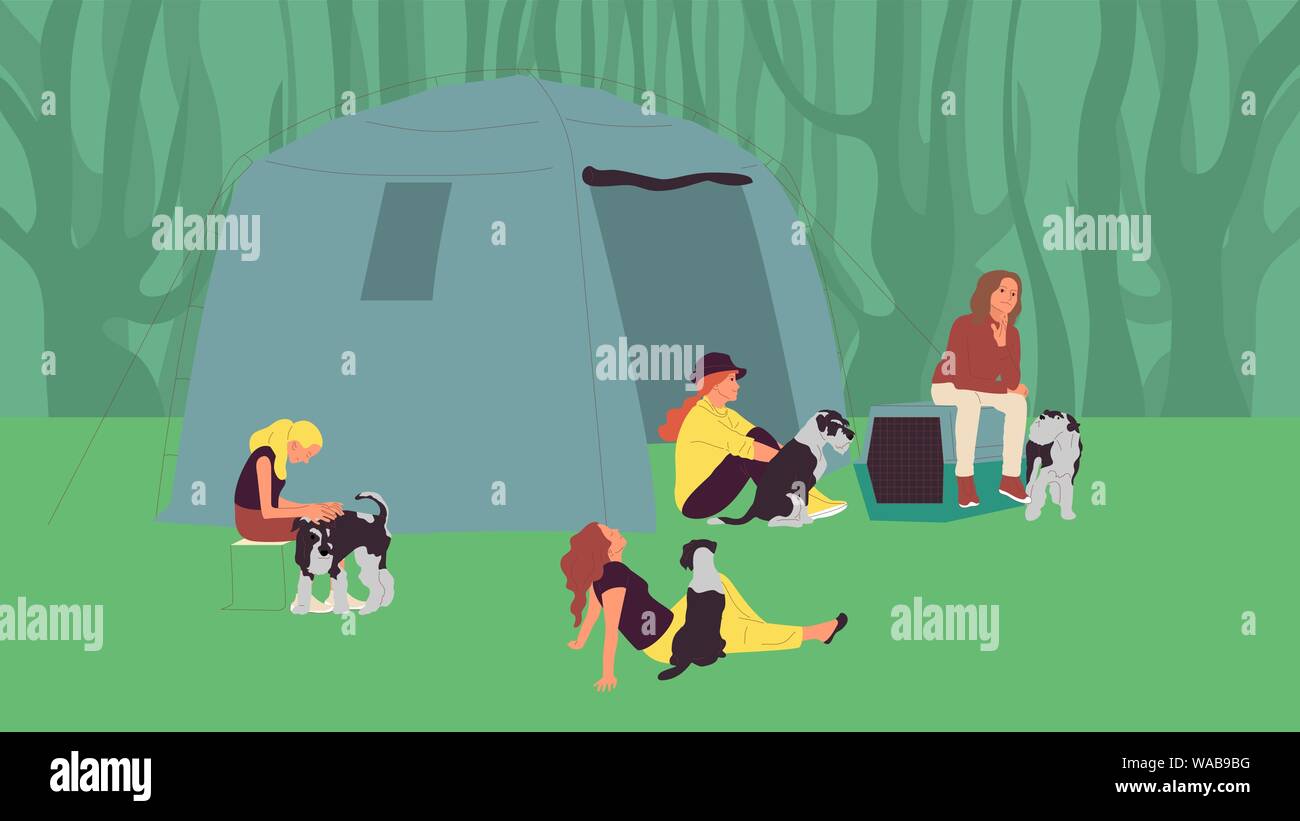 Group of girls sitting near tents with terrier dogs. Open air dog show ...