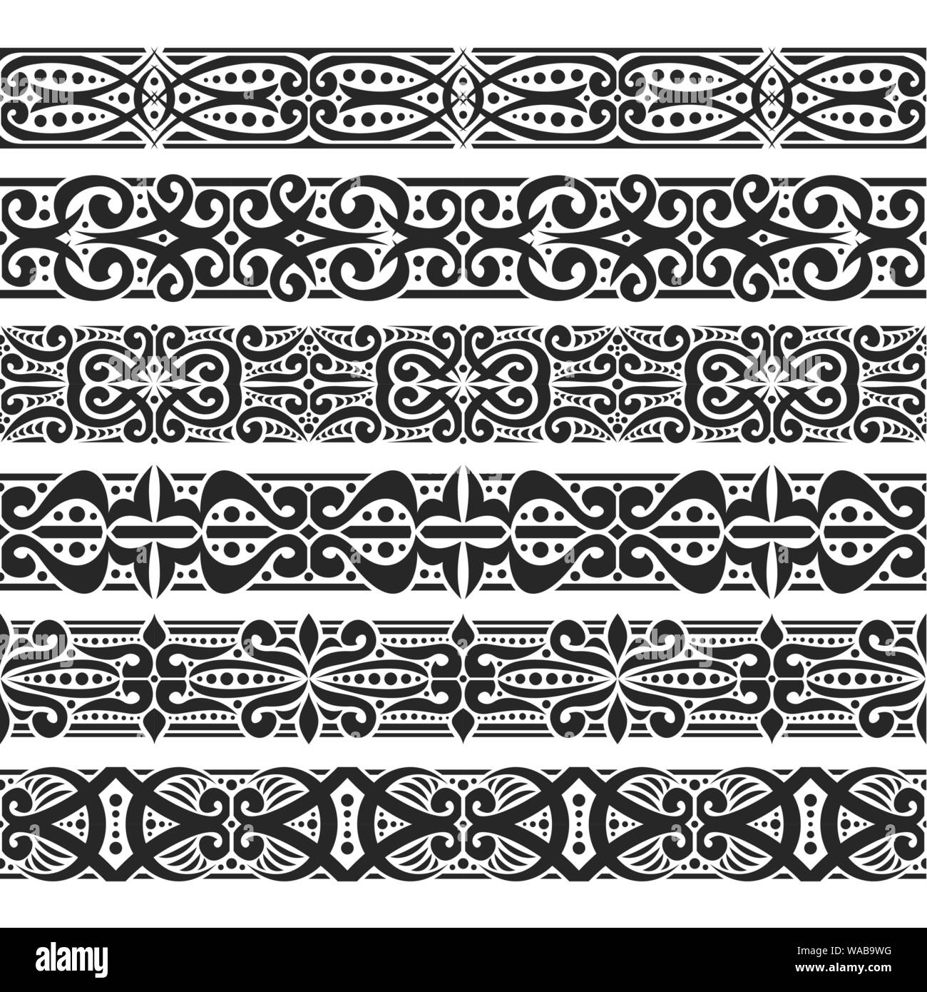 Vector set of black seamless borders, 6 decorative repeat ribbons of ...