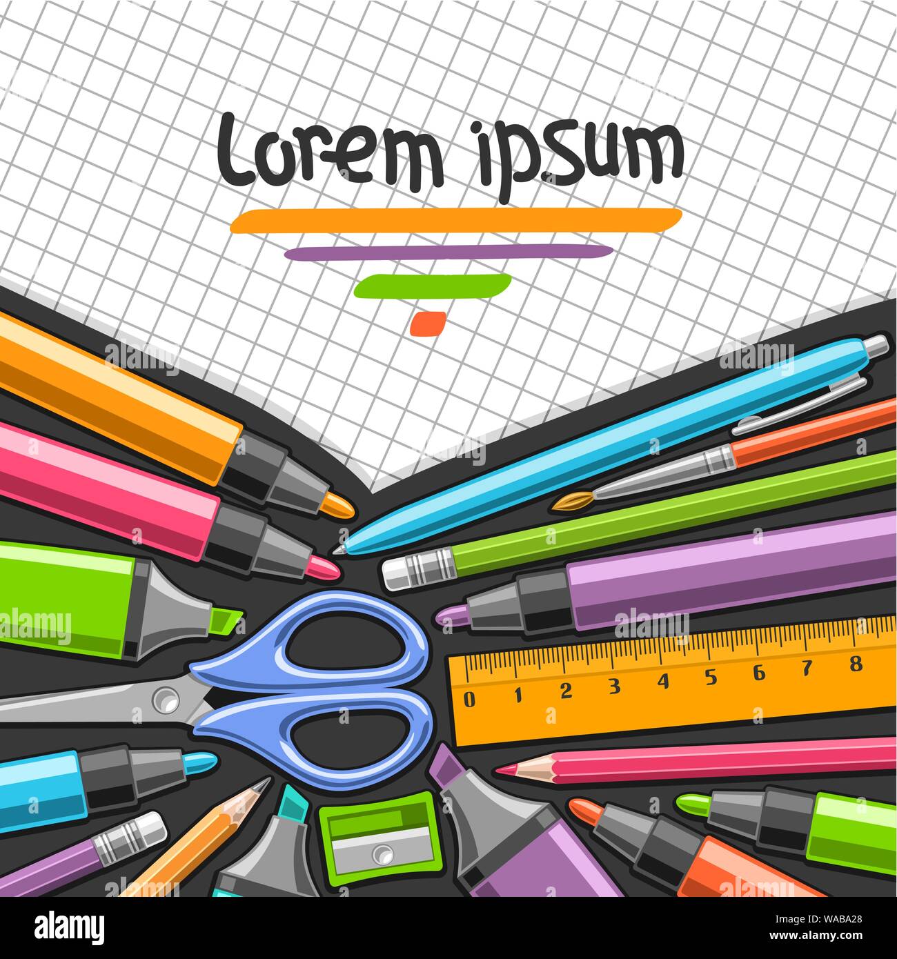 Vector poster with colorful Markers and checkered paper texture for ...