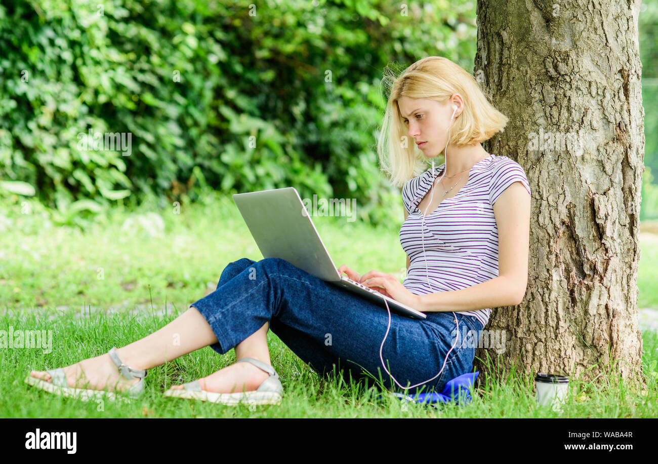 girl blogger write post for social network. summer online. woman drink ...
