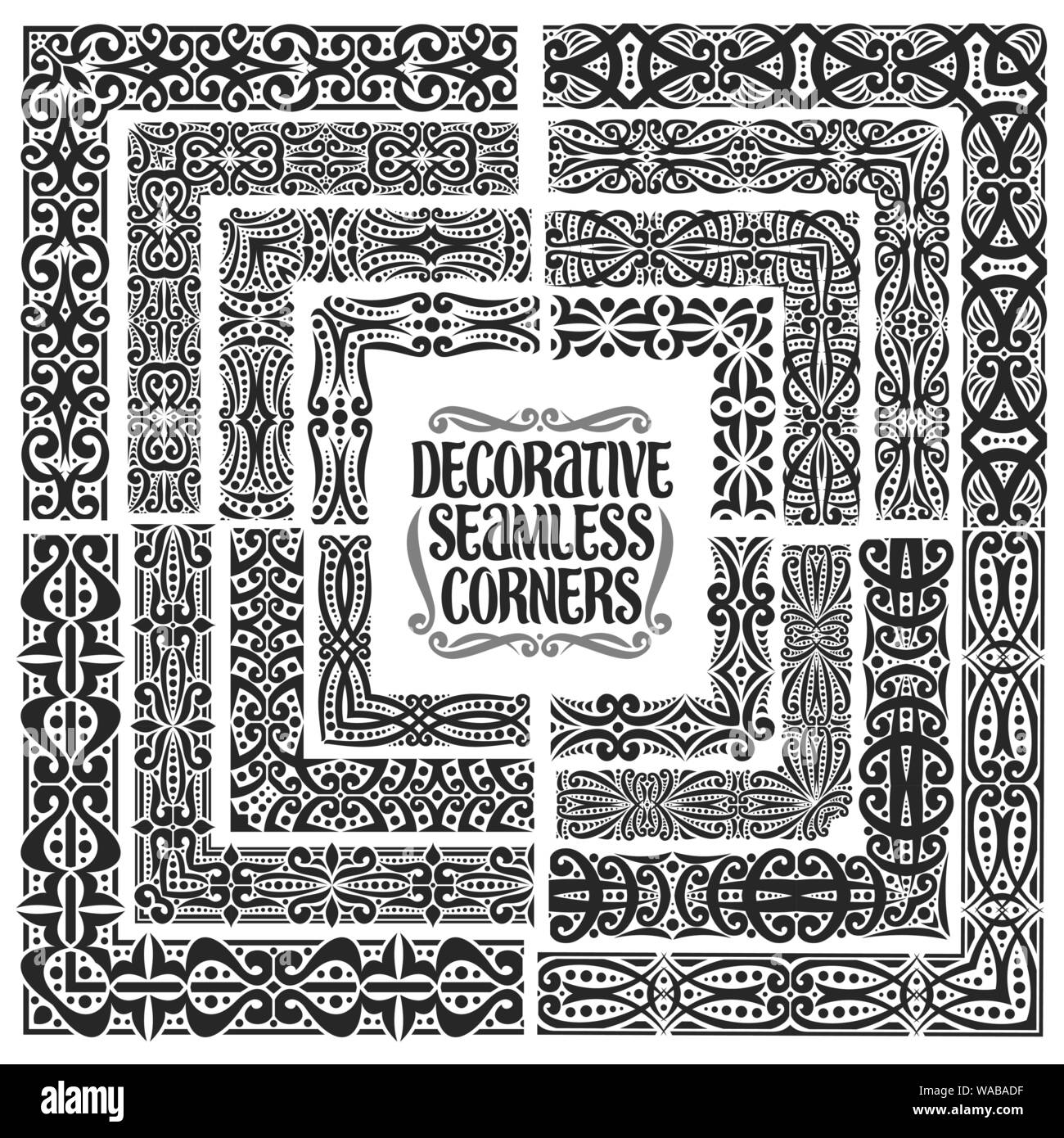 Vector set of black Seamless Corners on white background, ornate ...