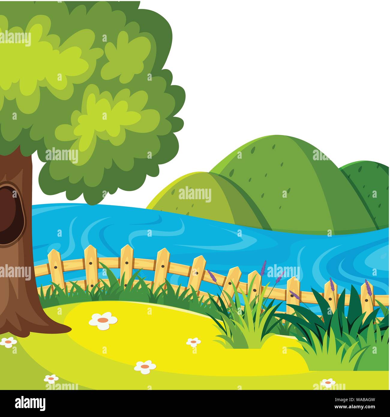 Scenery background of river and small hills illustration Stock Vector ...