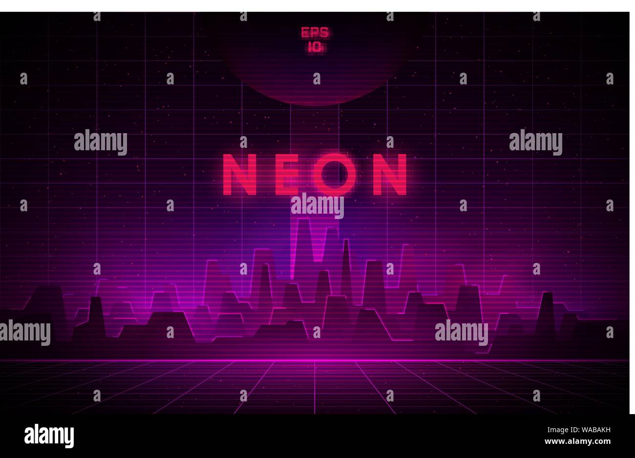 Retrowave night city with laser grid and big dark sphere in sky above ...