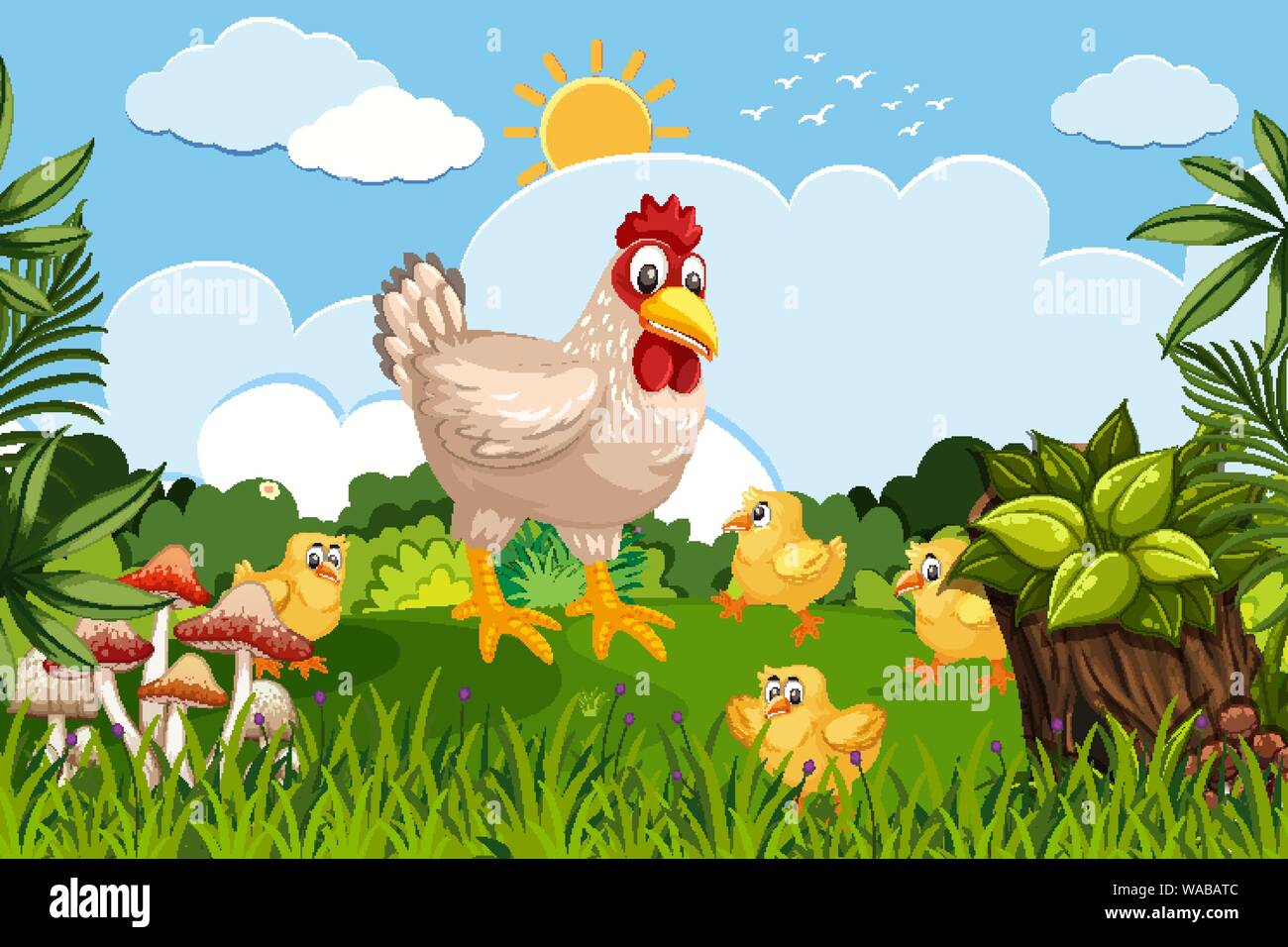 Chickens in nature scene illustration Stock Vector Image & Art - Alamy