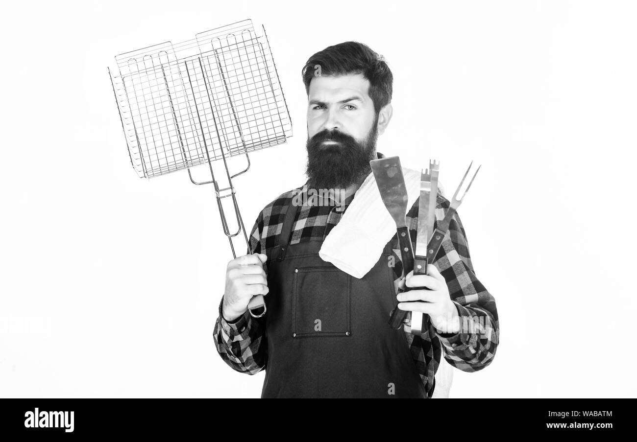 Barbecue party. Grill cook using portable barbecue cooking tools. Happy ...