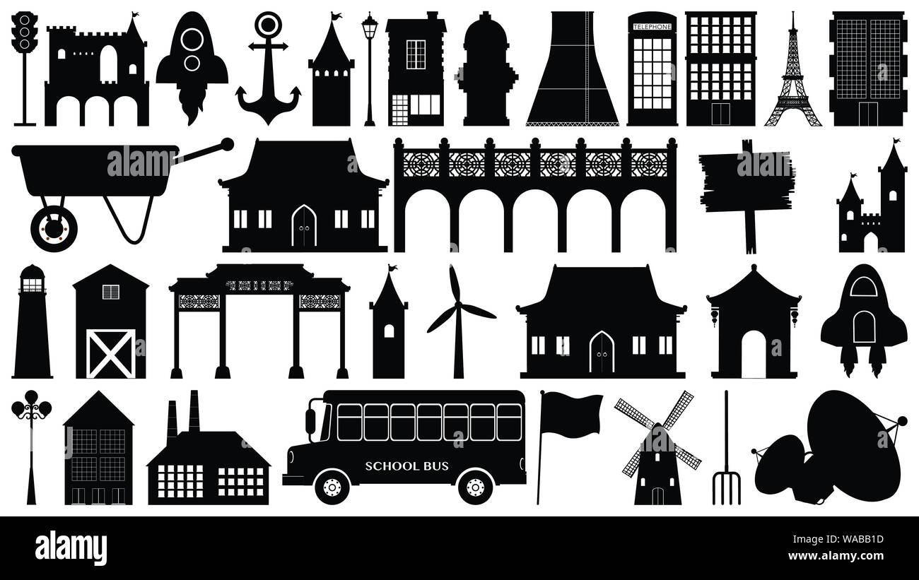 Set of sihouette isolated objects theme - buildings and transportations ...