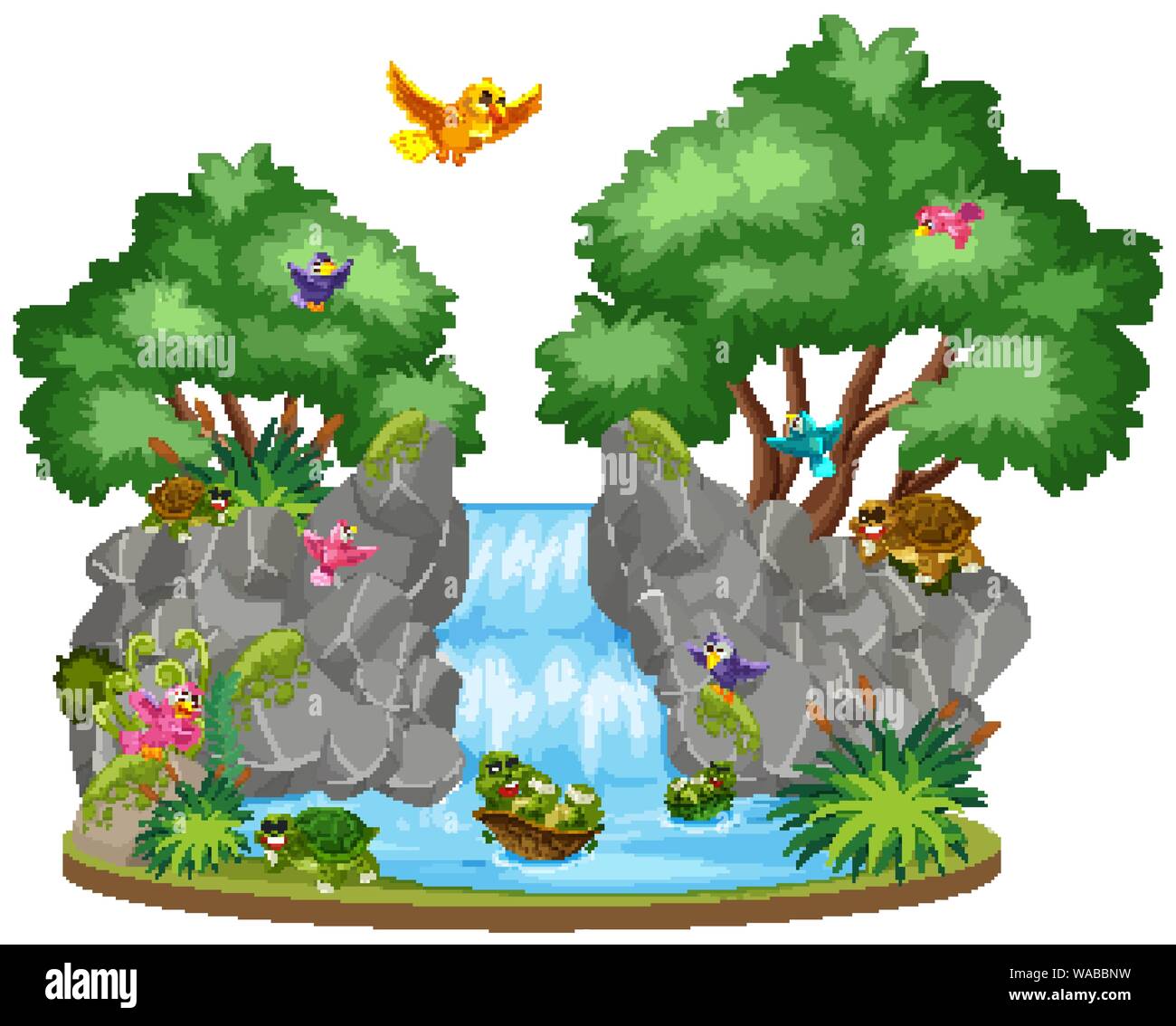 Background scene of birds and tortoises at the waterfall illustration ...