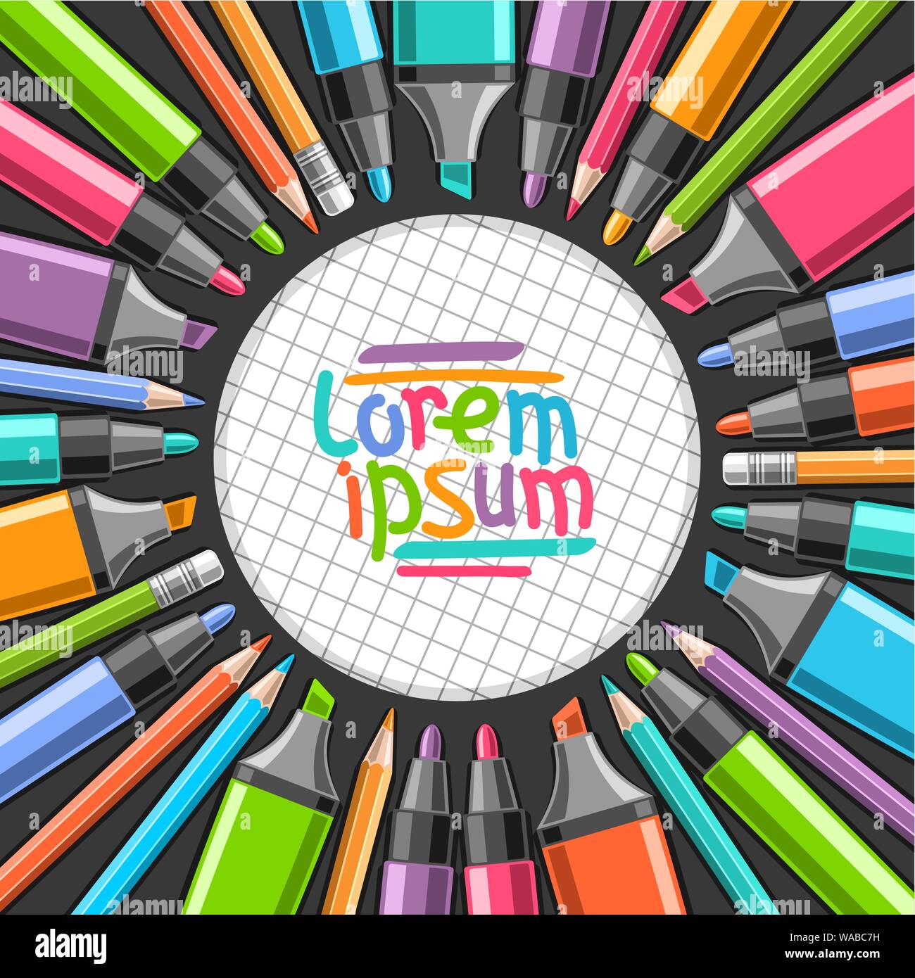 Vector poster with colorful Markers around checkered paper texture for ...