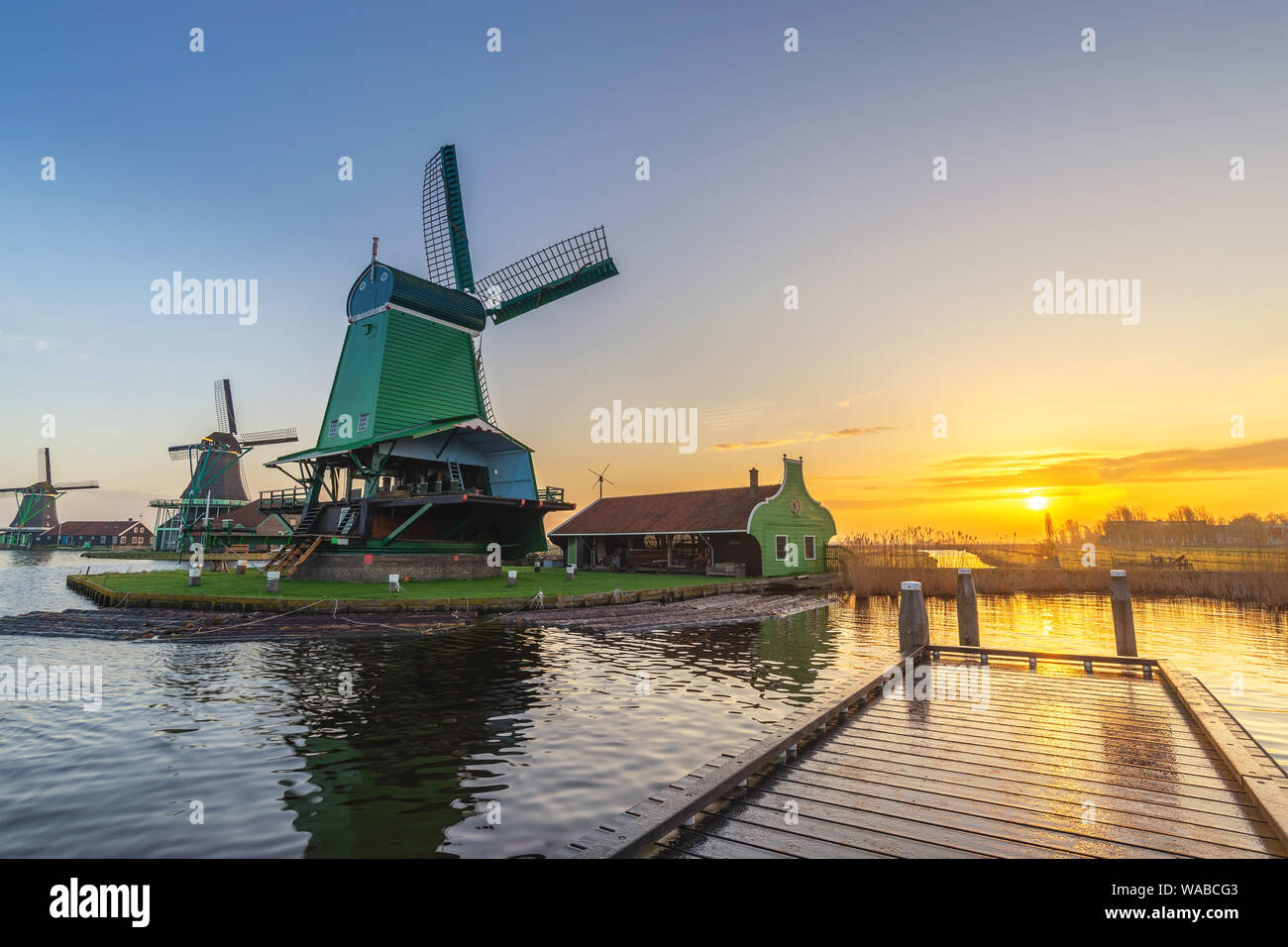 Amsterdam Netherlands, Sunrise landscape of Dutch Windmill at Zaanse ...