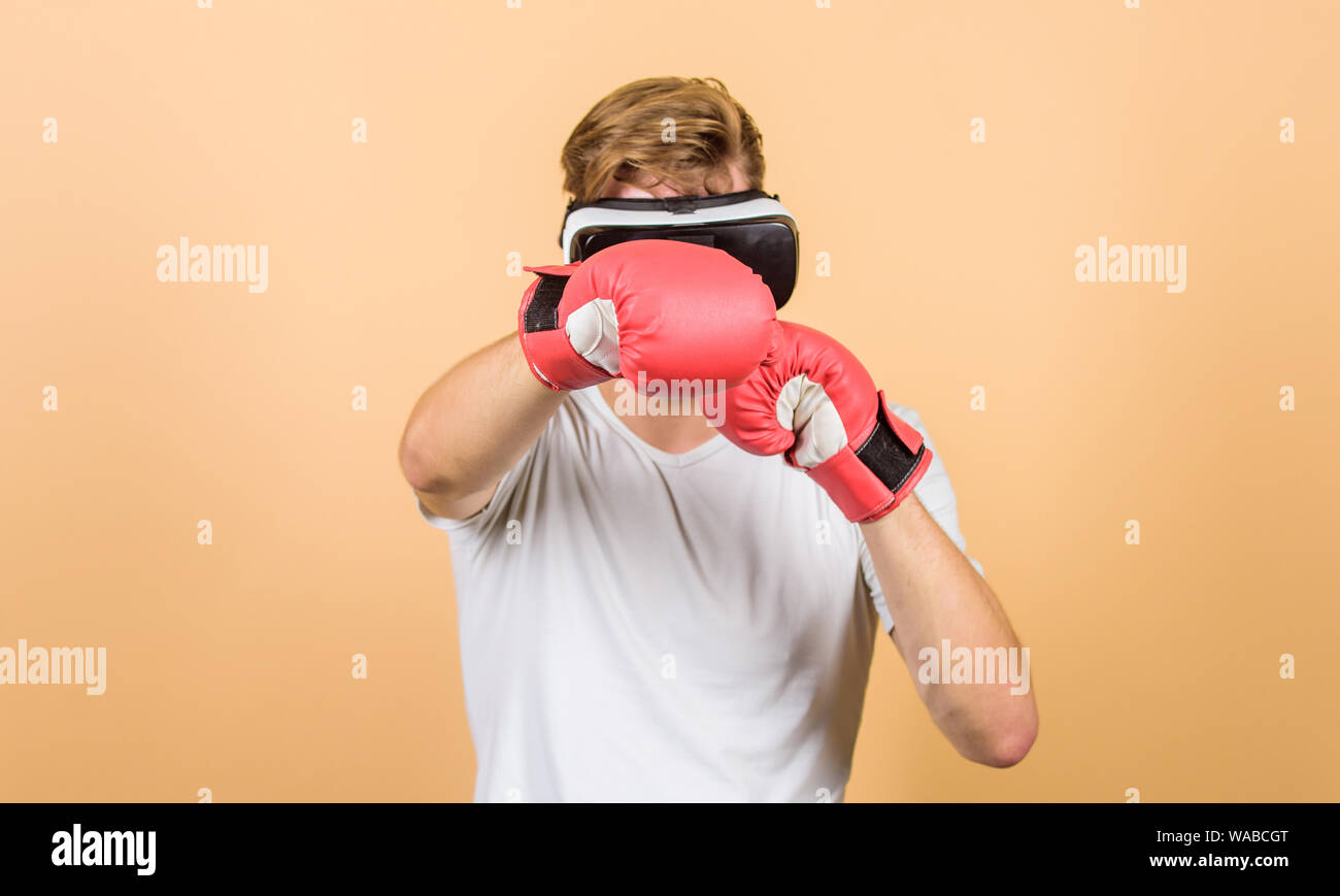 Explore cyber space. Cyber sportsman boxing gloves. Augmented 3D world ...