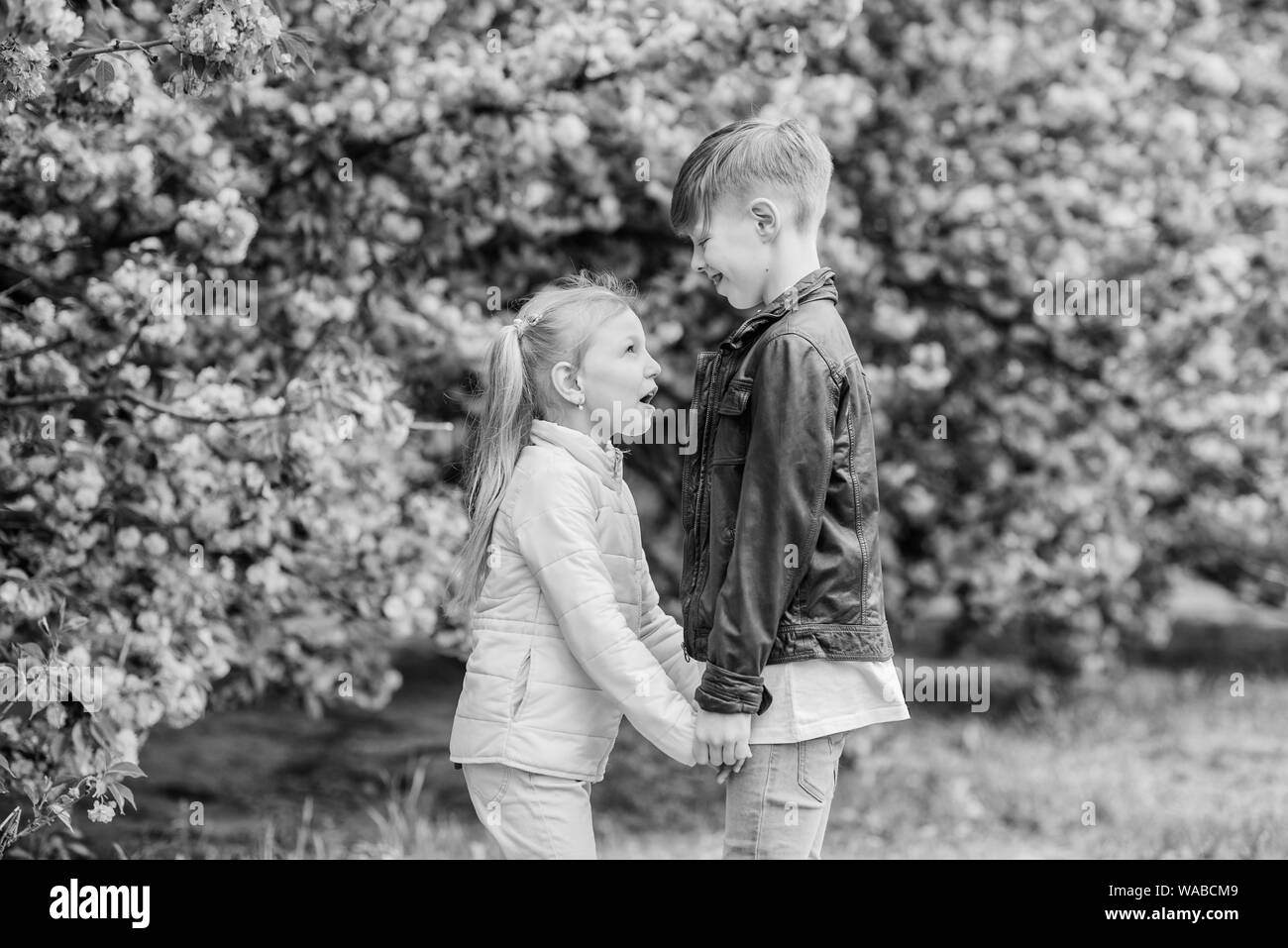 Love is in the air. Tender love feelings. Little girl and boy. Romantic ...