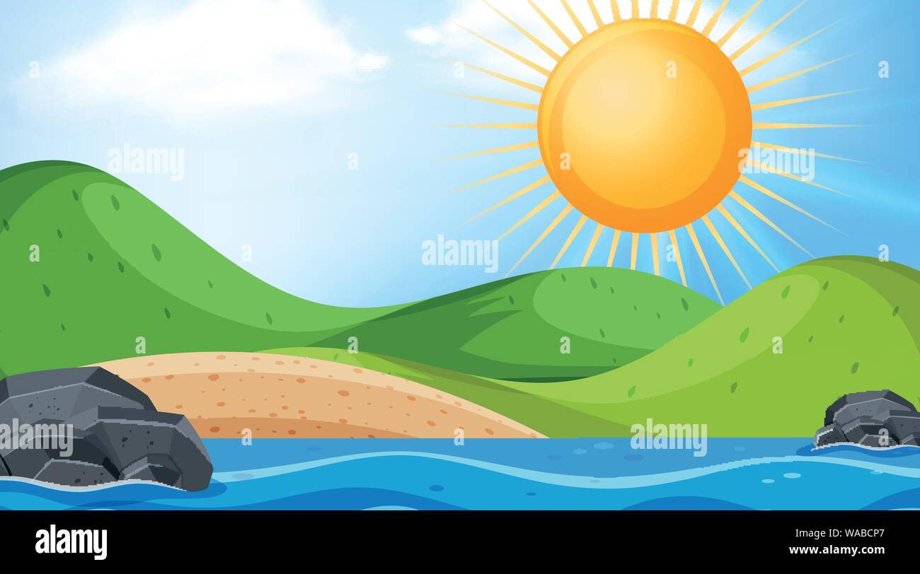 Landscape background design with big sun over ocean illustration Stock ...