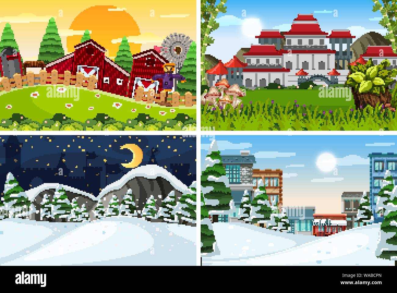 A set of outdoor scene including building illustration Stock Vector ...