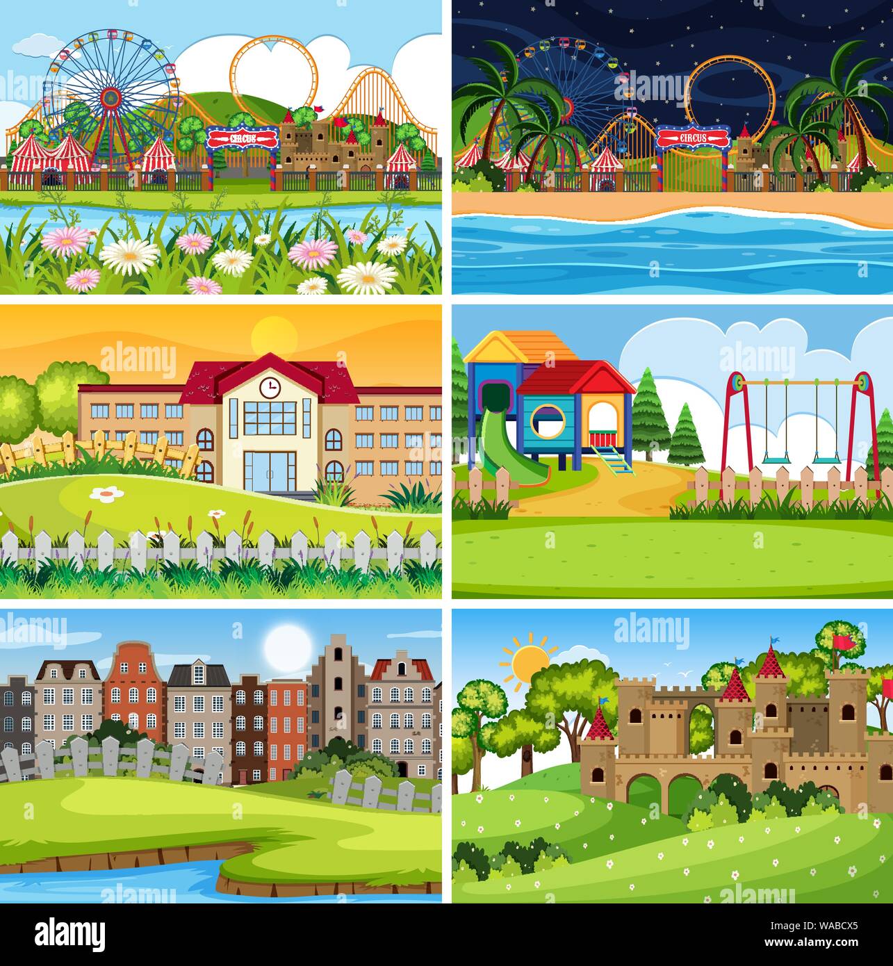 A set of outdoor scene including building illustration Stock Vector ...