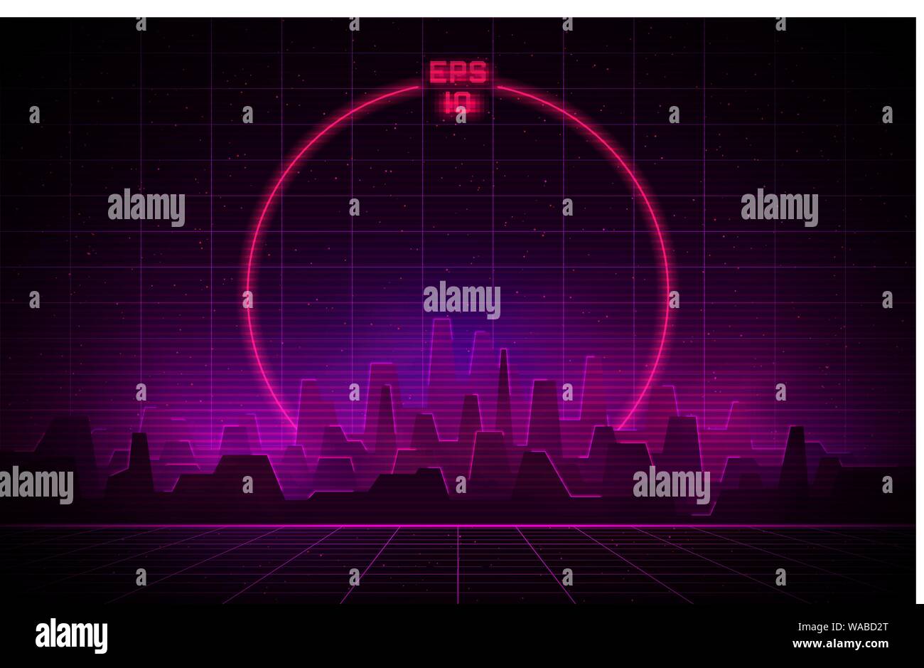 Retrowave night city with laser grid and big neon circle on background ...