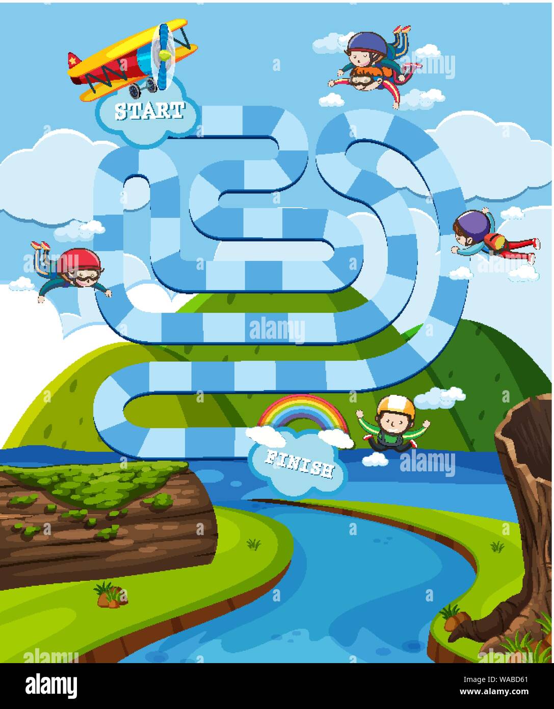 Boardgame design template with airplane and skydivers illustration ...