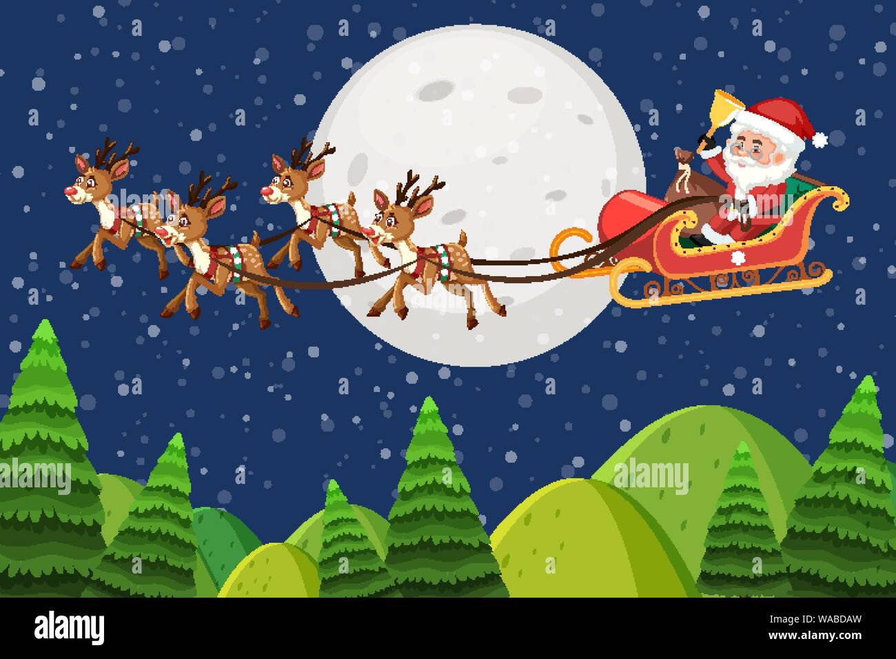 Nature scene background with santa flying at night illustration Stock ...