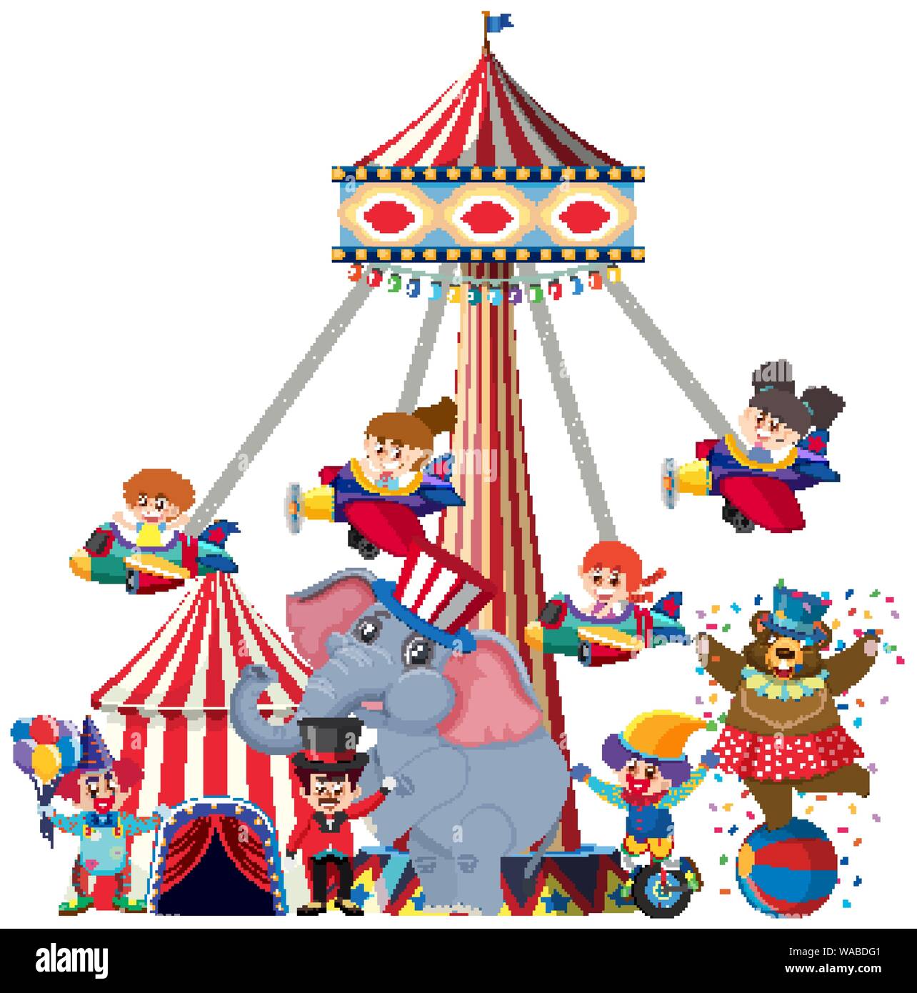 Children riding on airplane swing at the circus illustration Stock ...